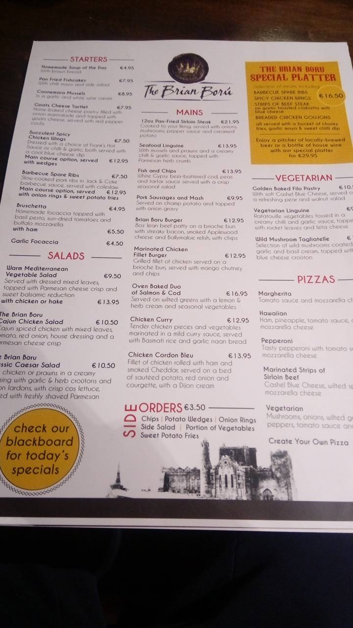 Menu at The Brian Boru Bar & Restaurant, Cashel