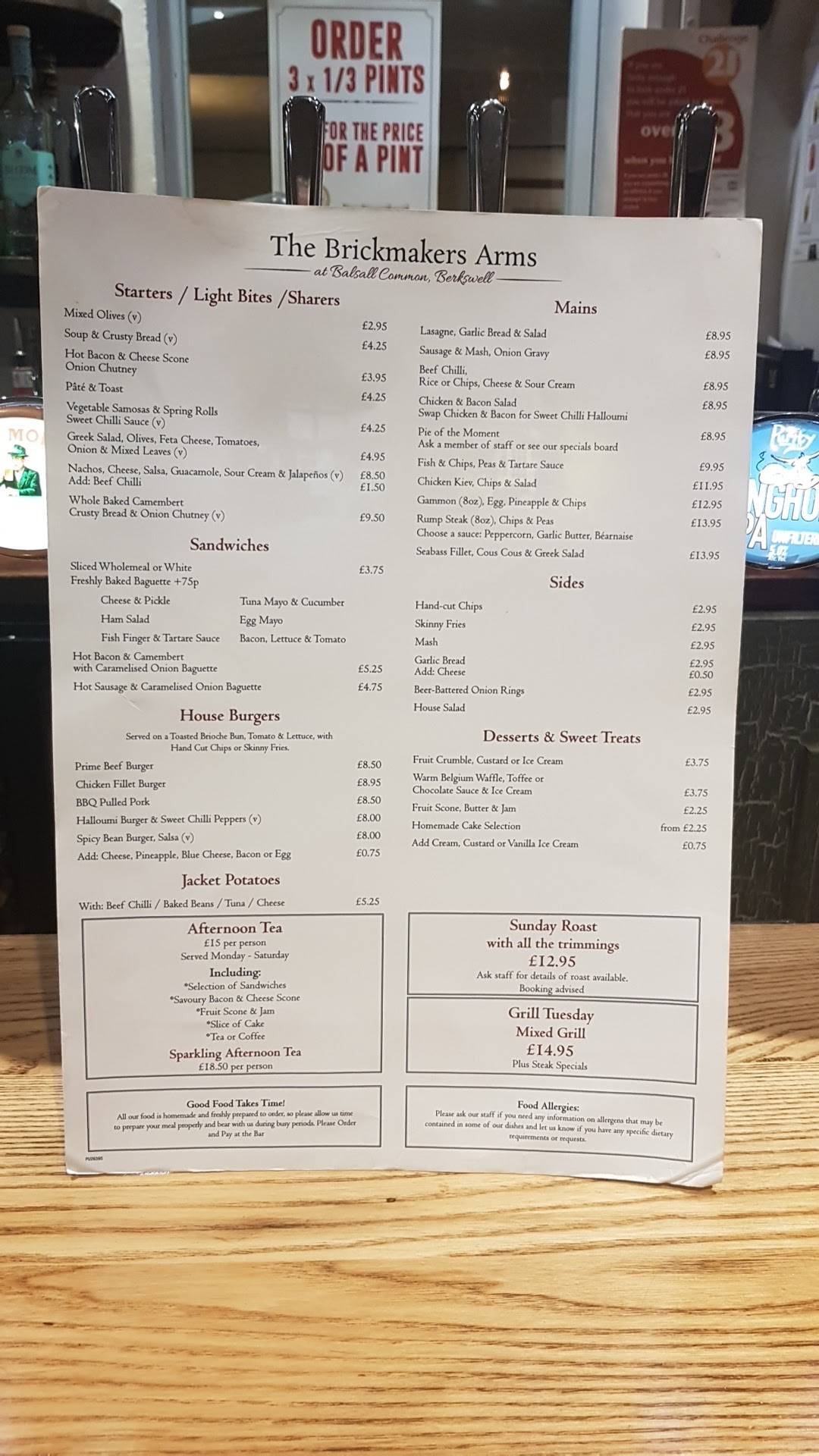Menu at The Brickmakers Arms pub & bar, Coventry