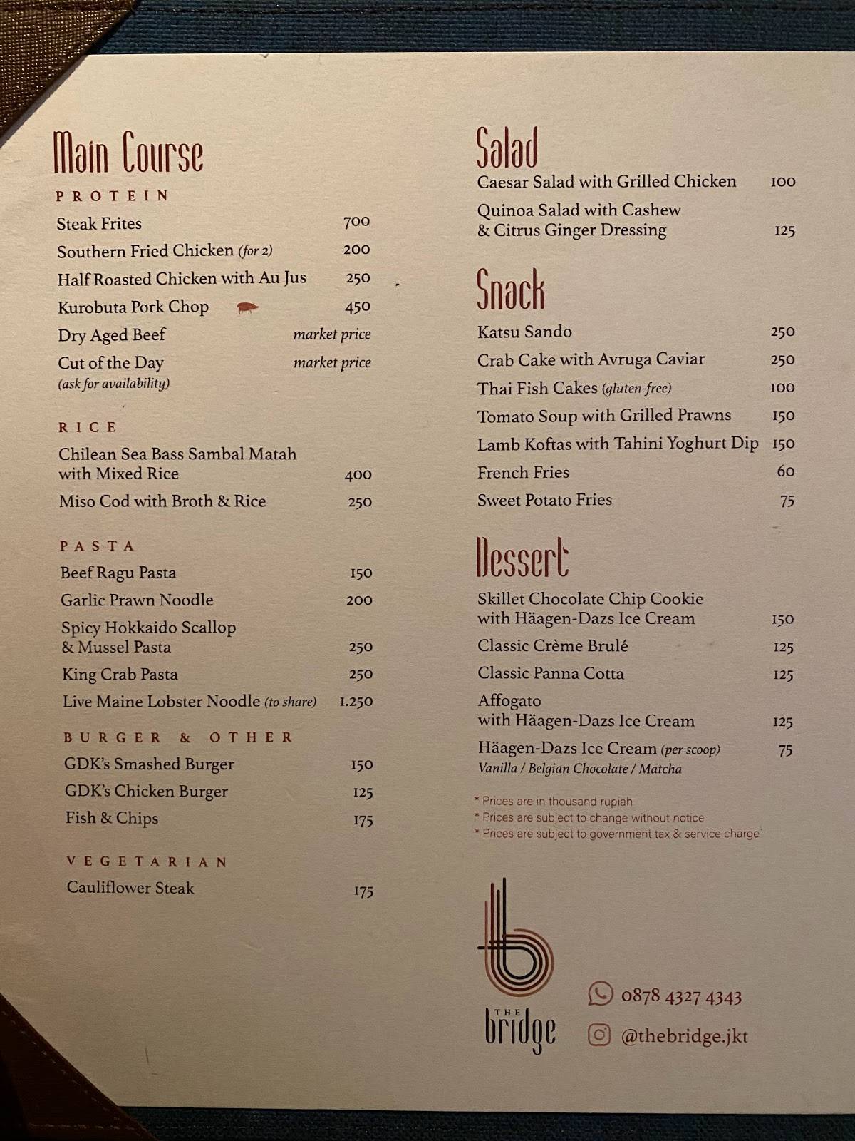Menu at The Bridge by GDK restaurant, South Jakarta