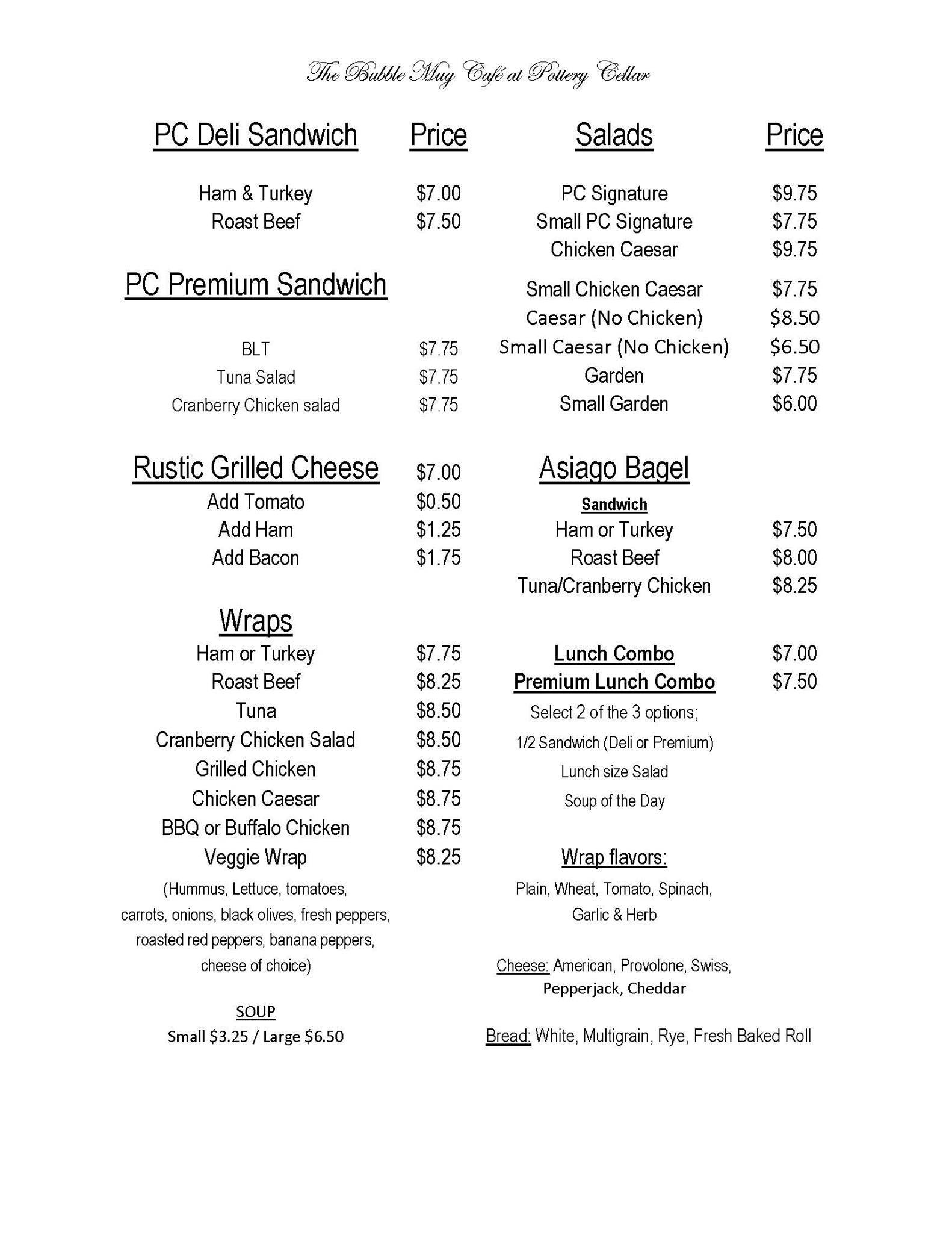 Menu at The Bubble Mug Cafe at Pottery Cellar, Westfield