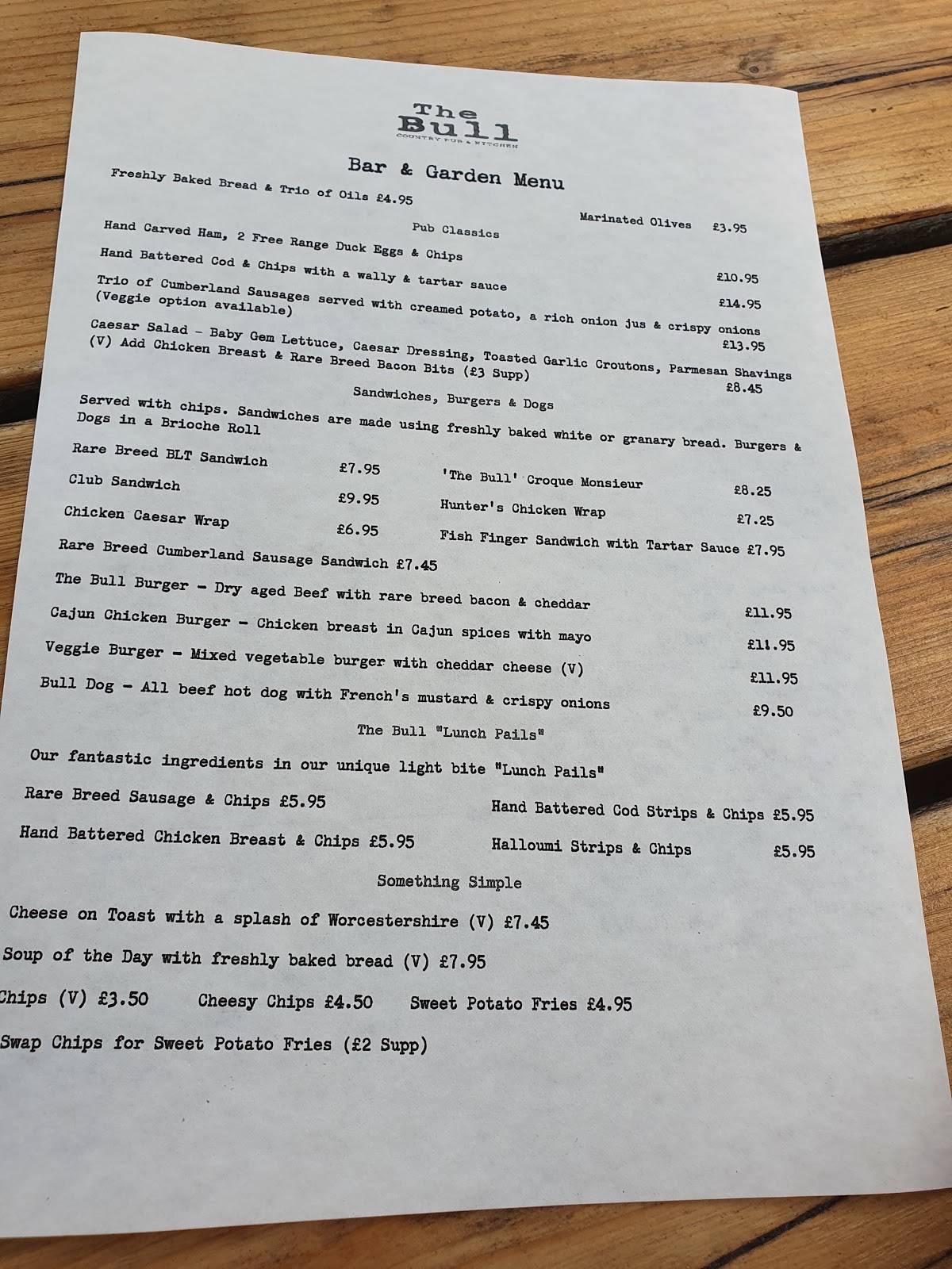 Menu at The Bull Brentwood pub & bar, Brentwood, 13 Brook St