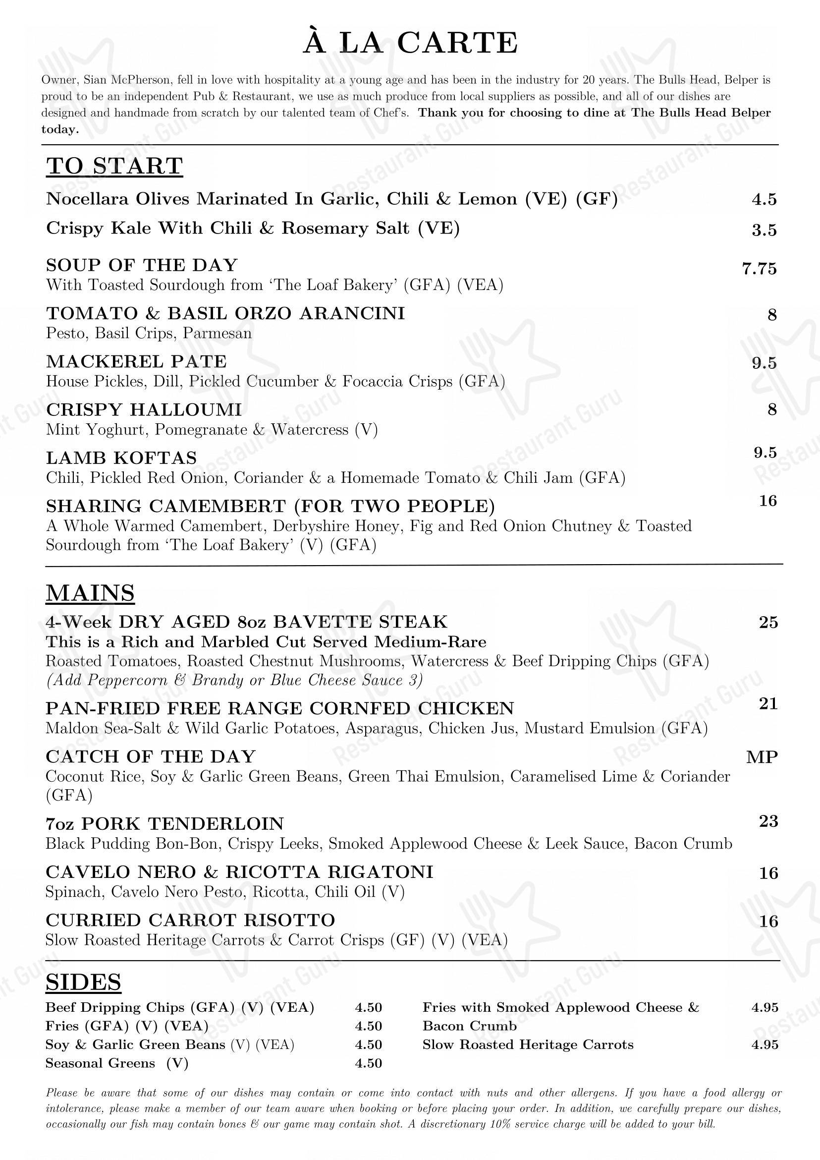 Menu at The Bulls Head Belper pub & bar, Belper