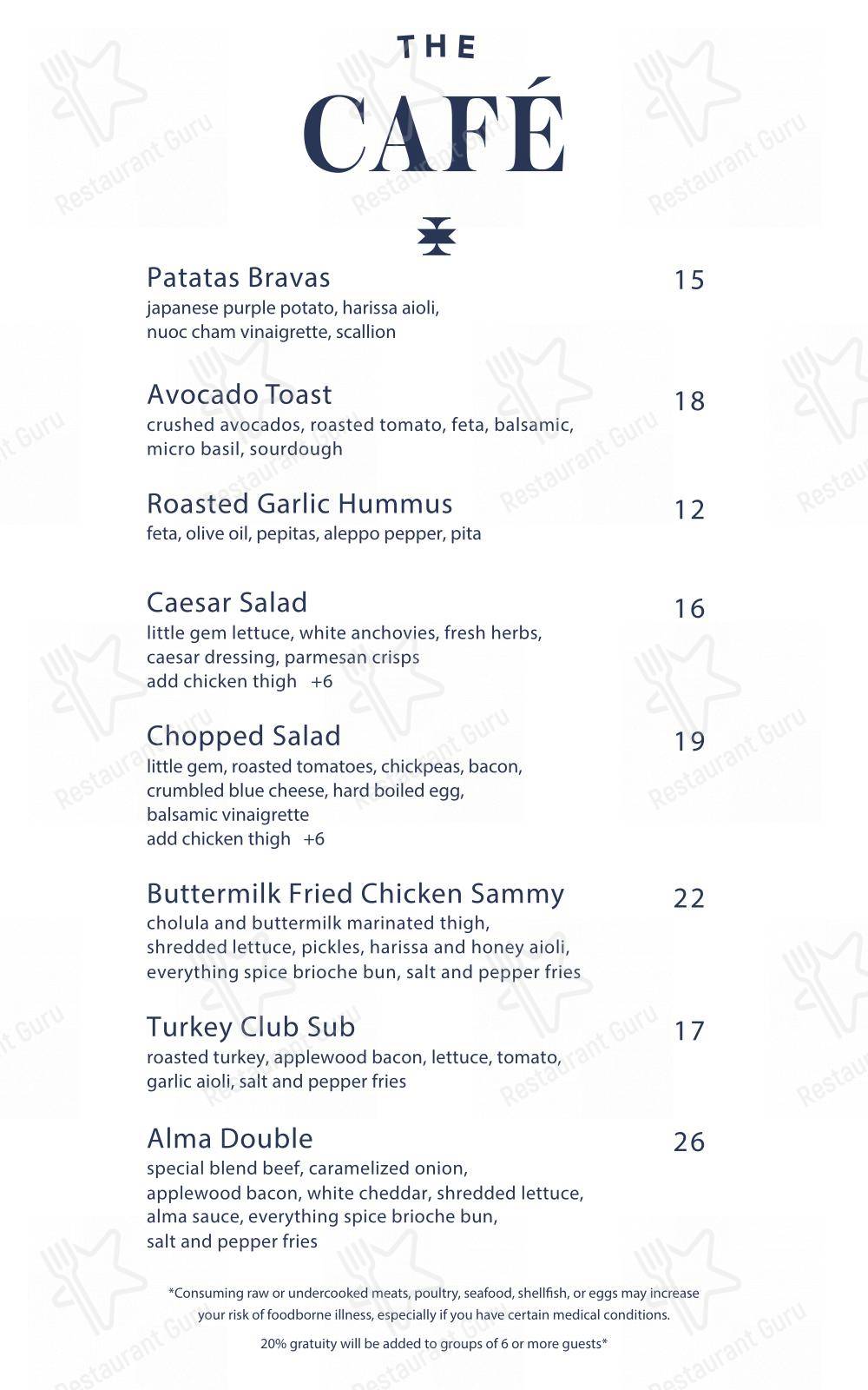 Menu at The Café at Alma San Diego cafe, San Diego