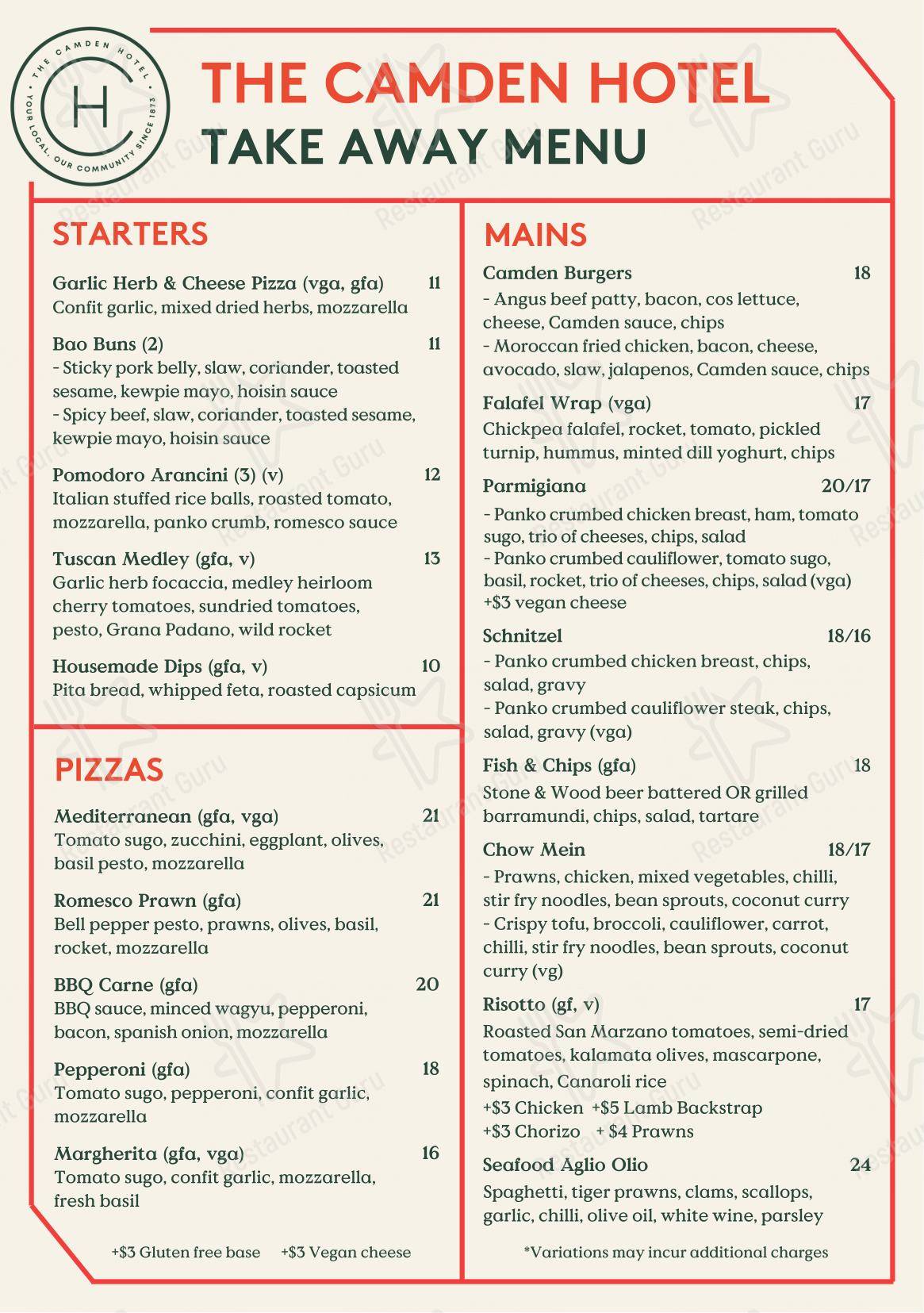 Menu at The Camden Hotel pub & bar, Caulfield South