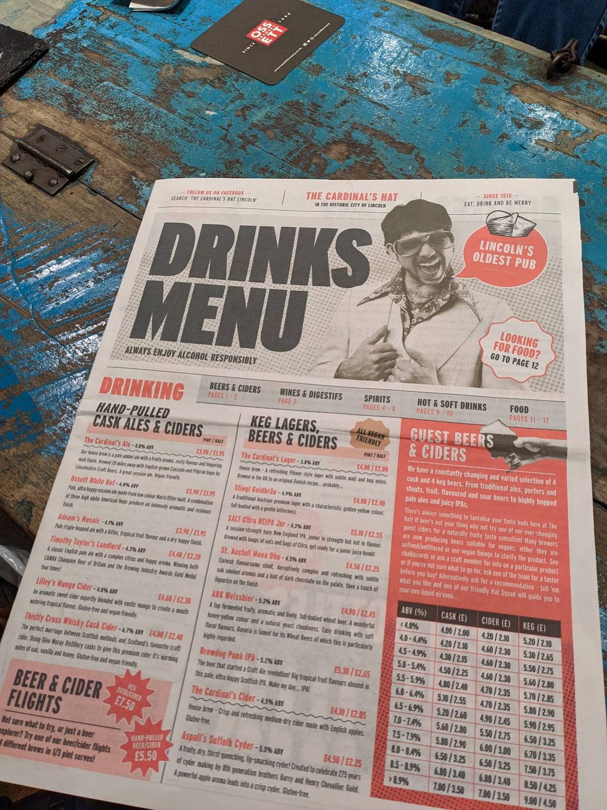 Menu at The Cardinal's Hat pub & bar, Lincoln