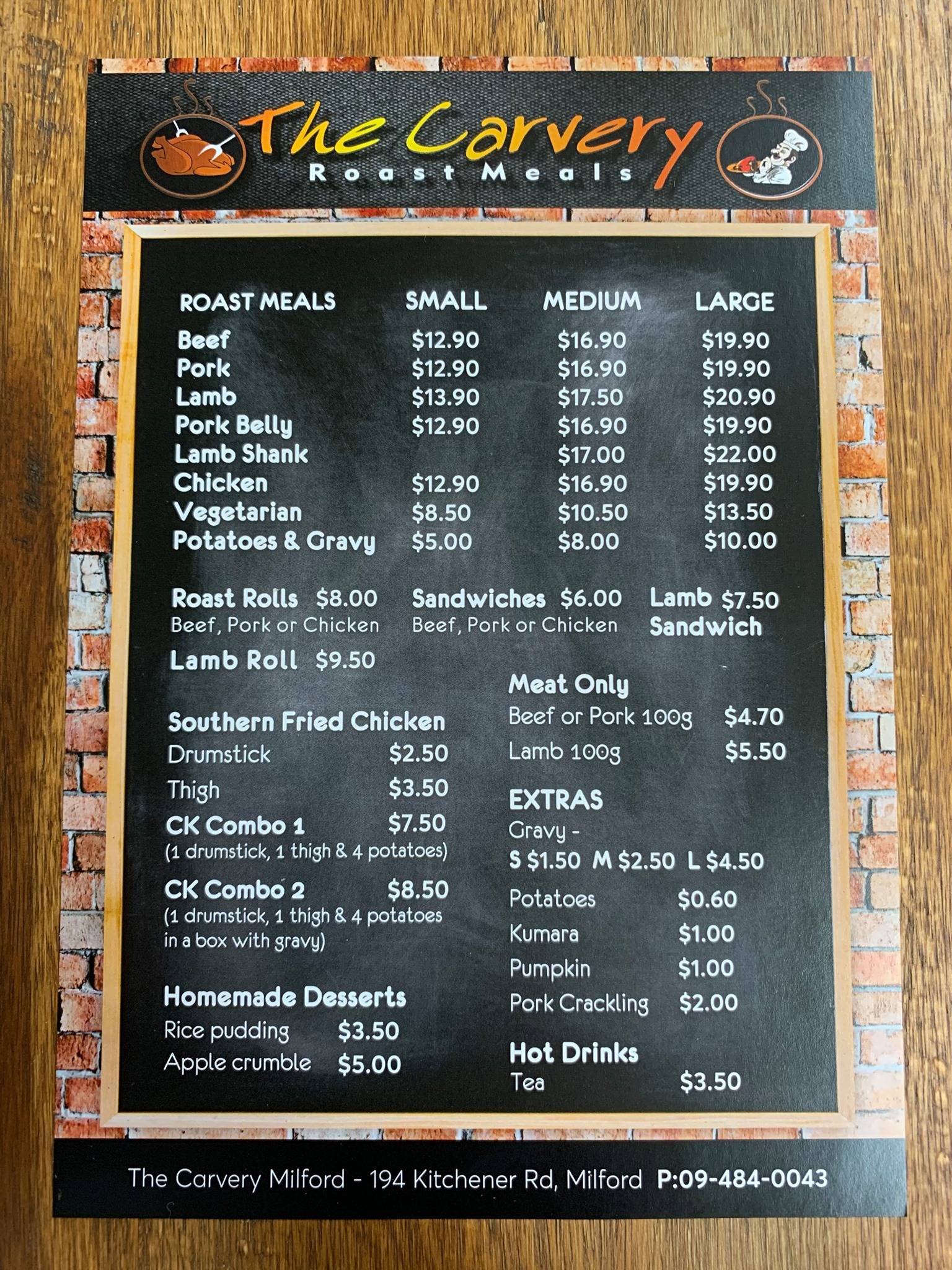 Menu at The Carvery Roast Meals - Milford restaurant, Auckland
