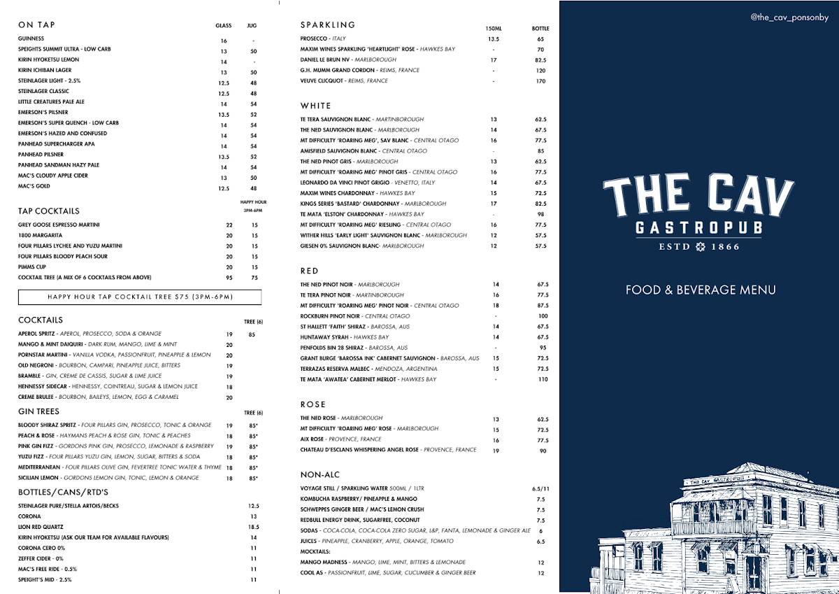 Menu at The Cav pub & bar, Auckland