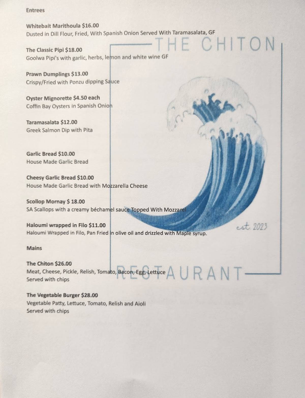 Menu at The Chiton Restaurant, Hayborough