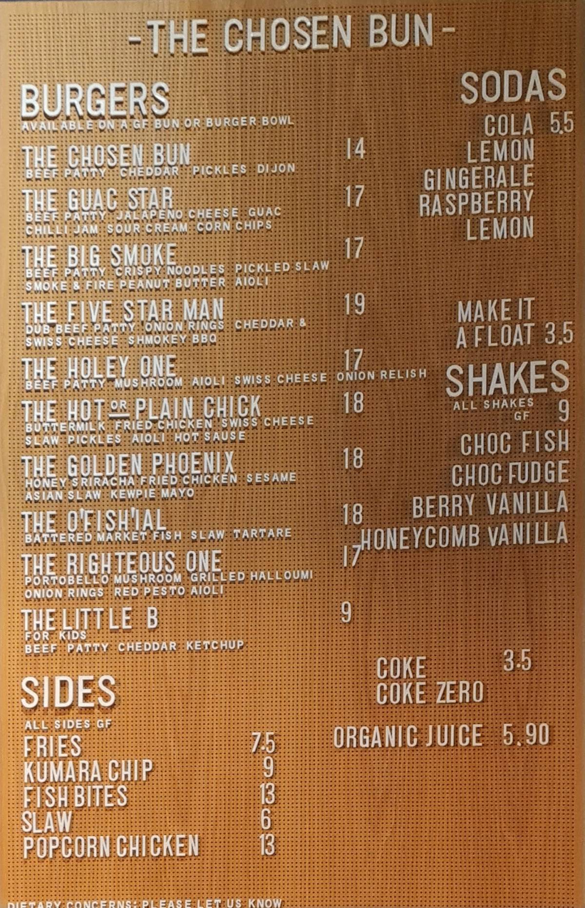 Menu at The Chosen Bun restaurant, Auckland, 3/40 Stonefields Ave