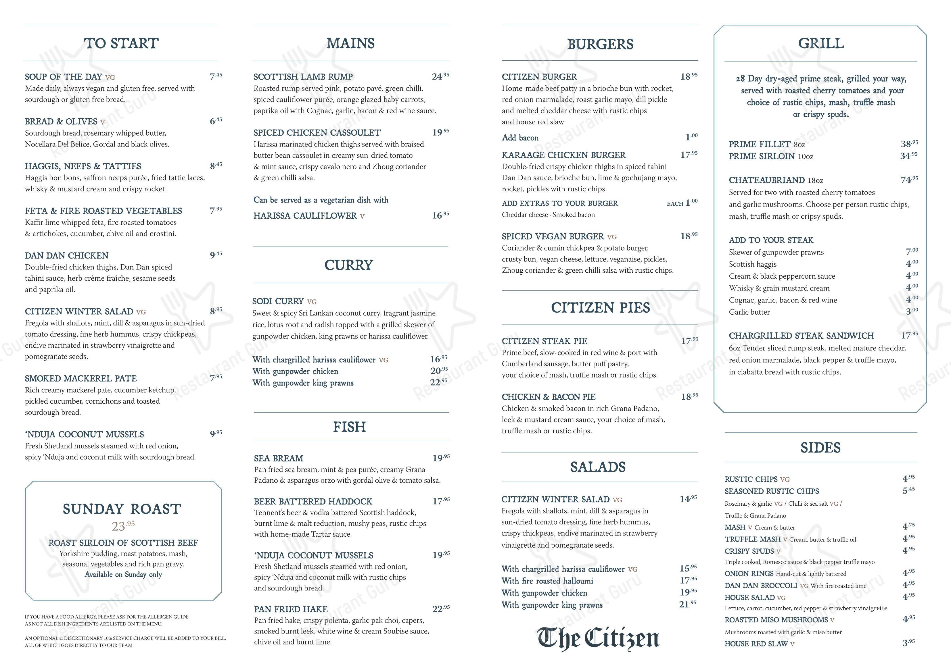 Menu at The Citizen Glasgow restaurant, Glasgow