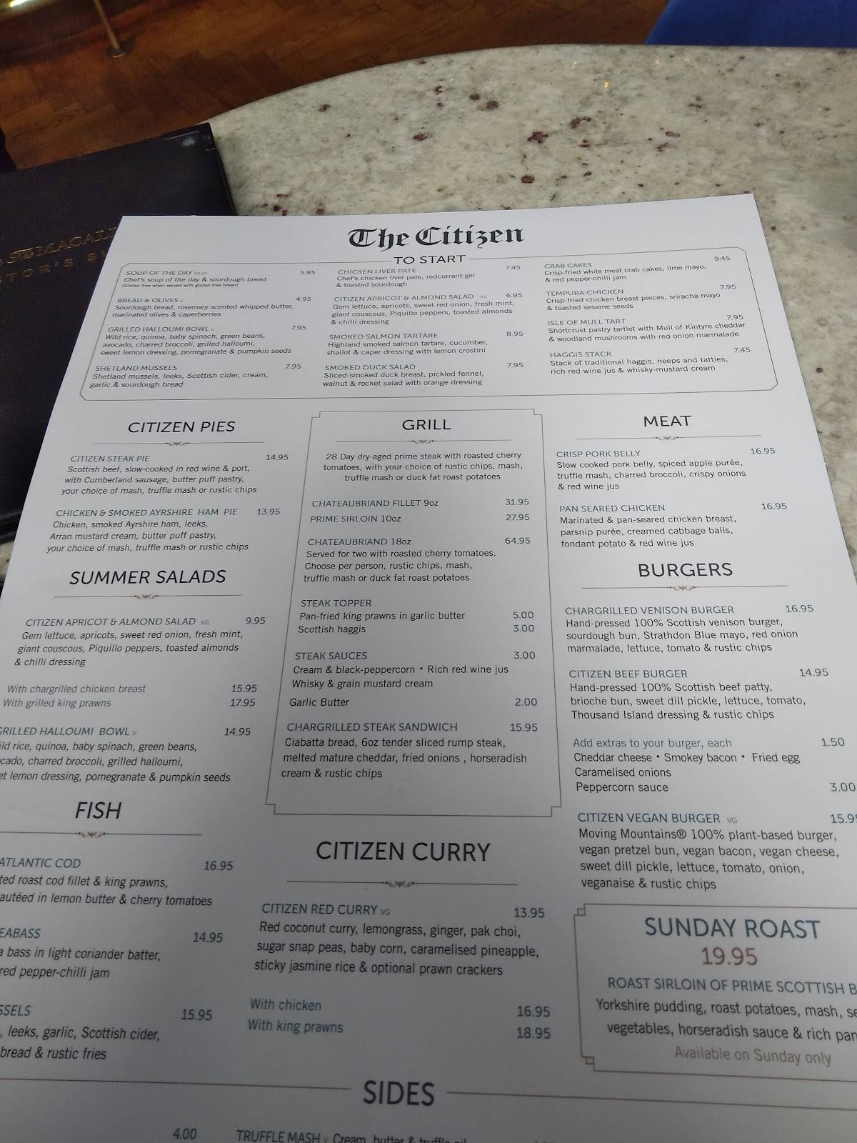 Menu at The Citizen Glasgow restaurant, Glasgow