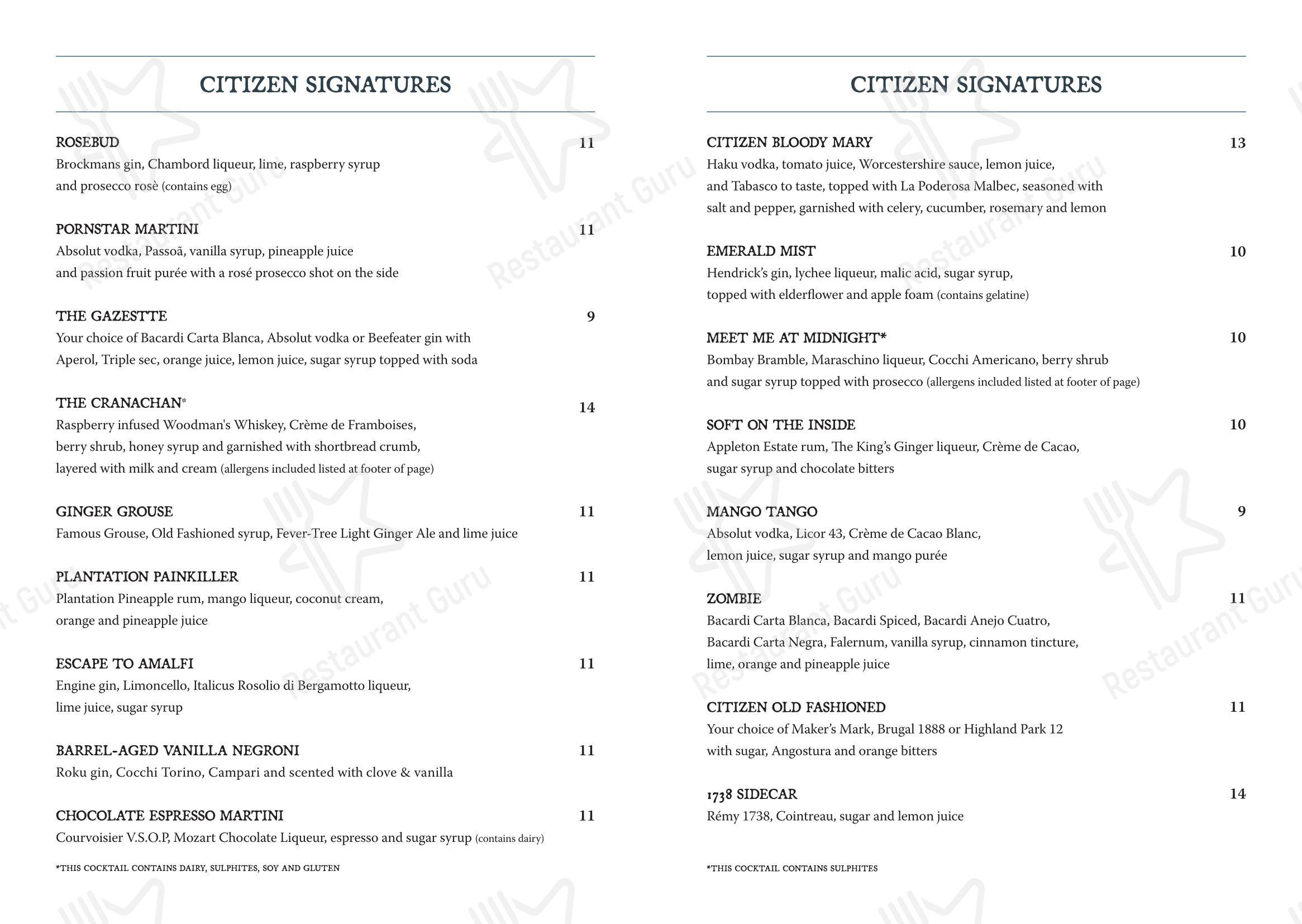 Menu at The Citizen Glasgow restaurant, Glasgow