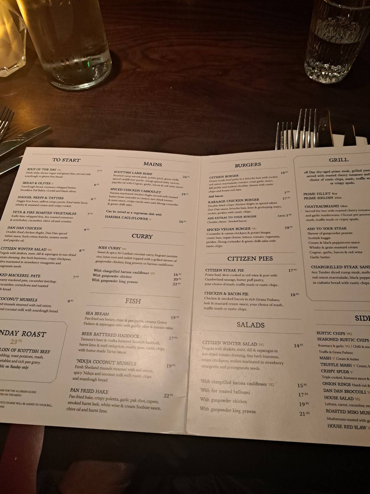 Menu at The Citizen Glasgow restaurant, Glasgow
