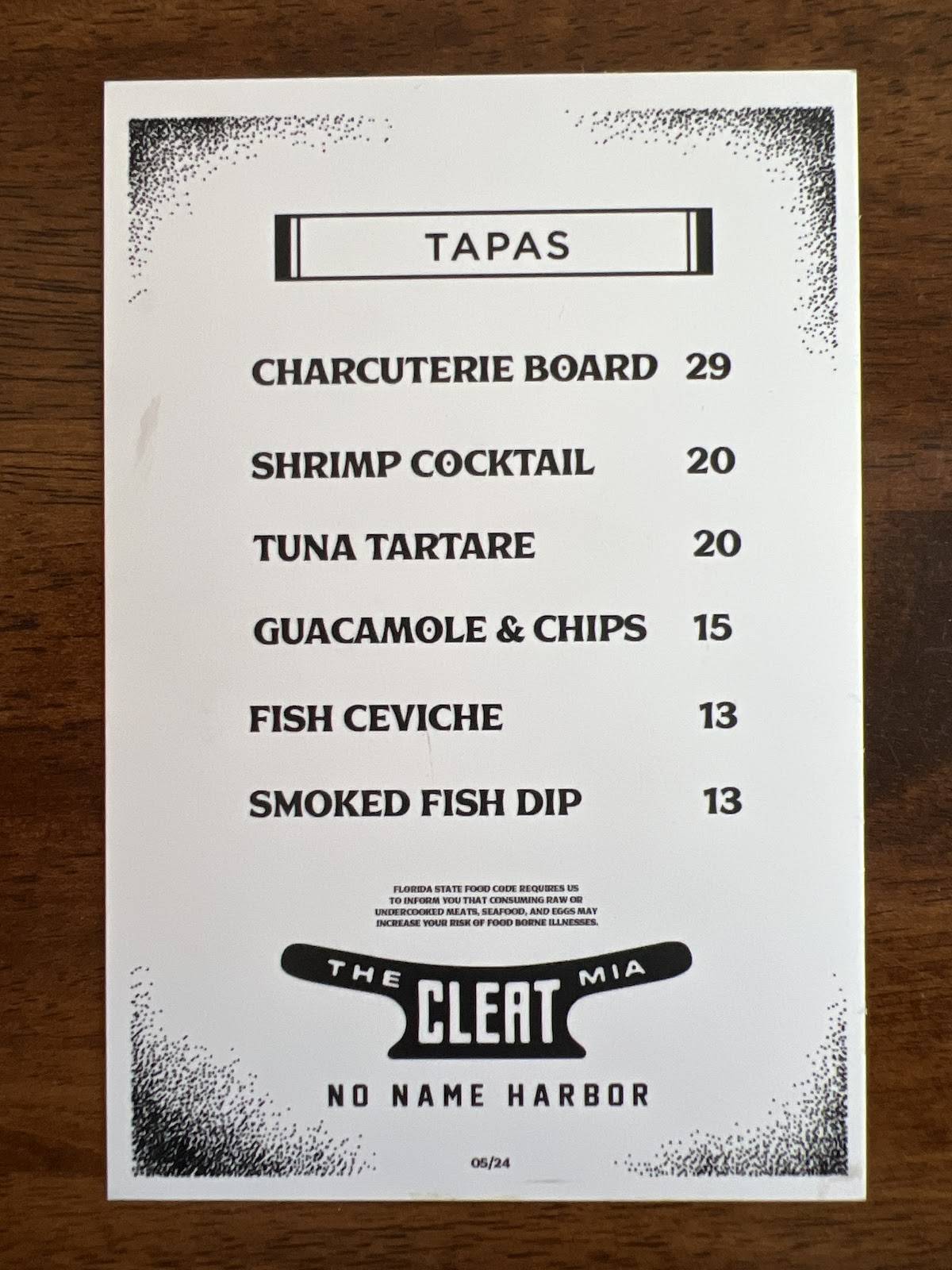 Menu at The Cleat Mia pub & bar, Key Biscayne