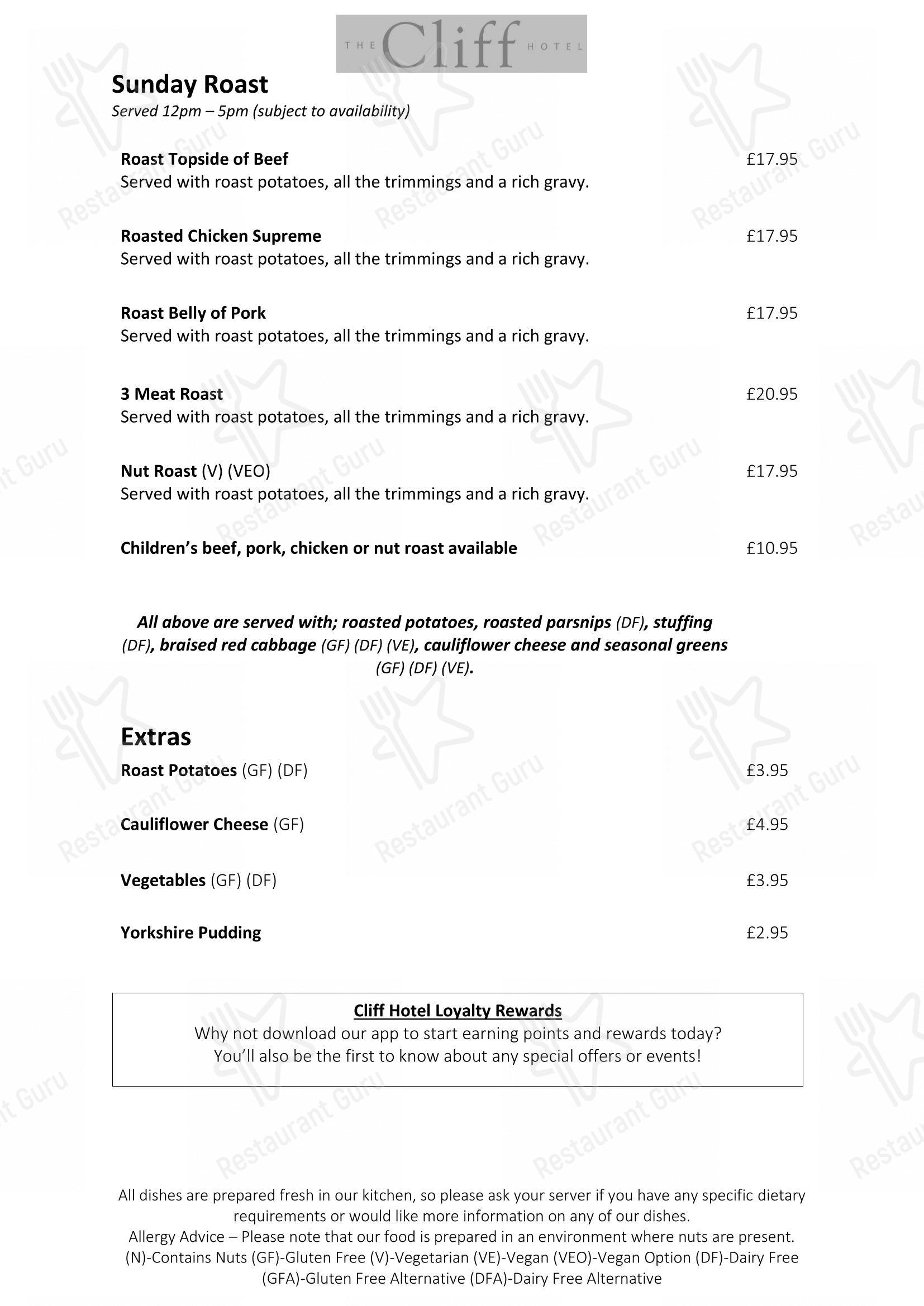 Menu at The Cliff Hotel pub & bar, Great Yarmouth