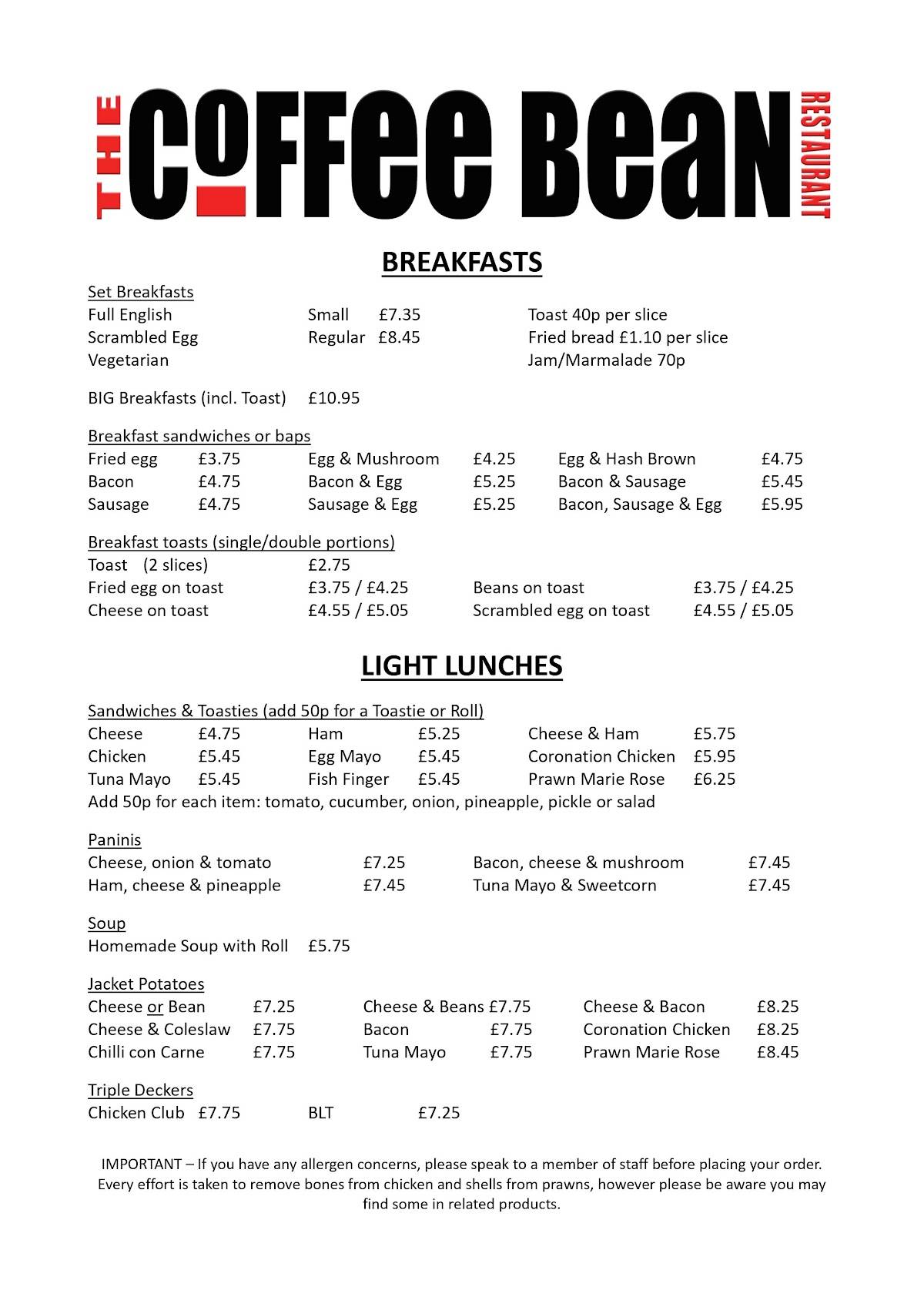 Menu at The Coffee Bean Restaurant, Helston