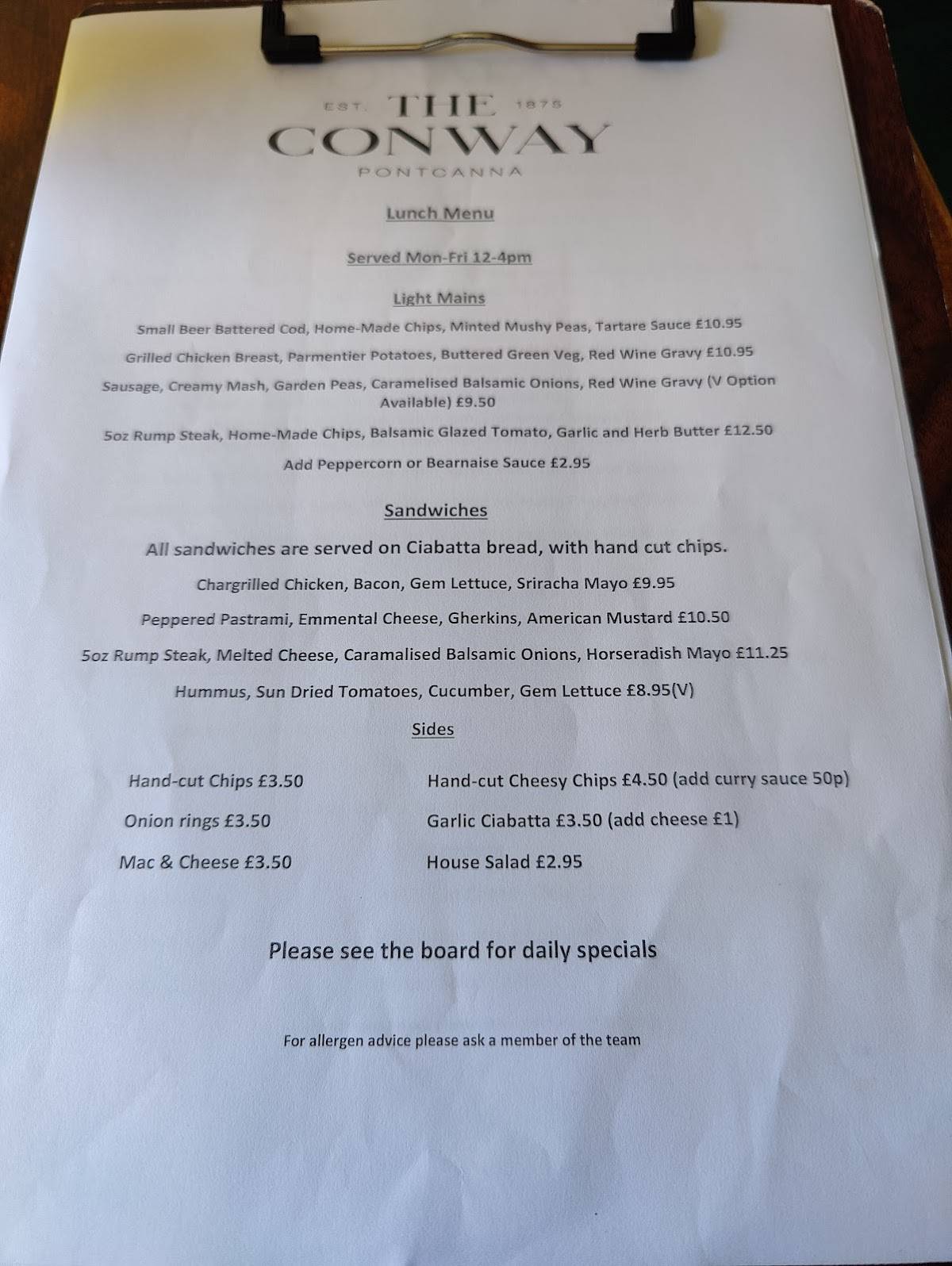 Menu at The Conway pub & bar, Cardiff, Conway Hotel
