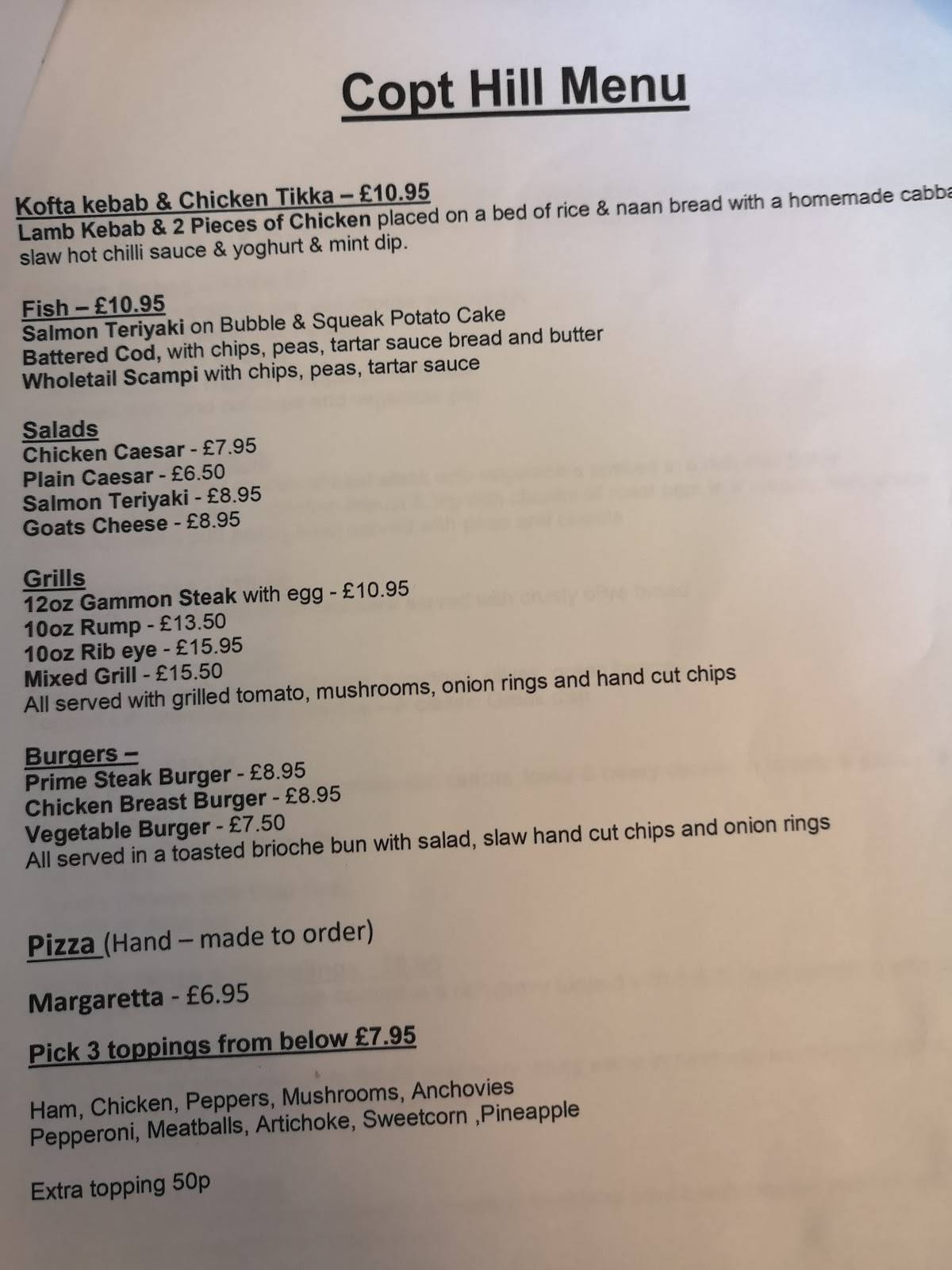 Menu at The Copt Hill Country Inn pub & bar, Houghton le Spring