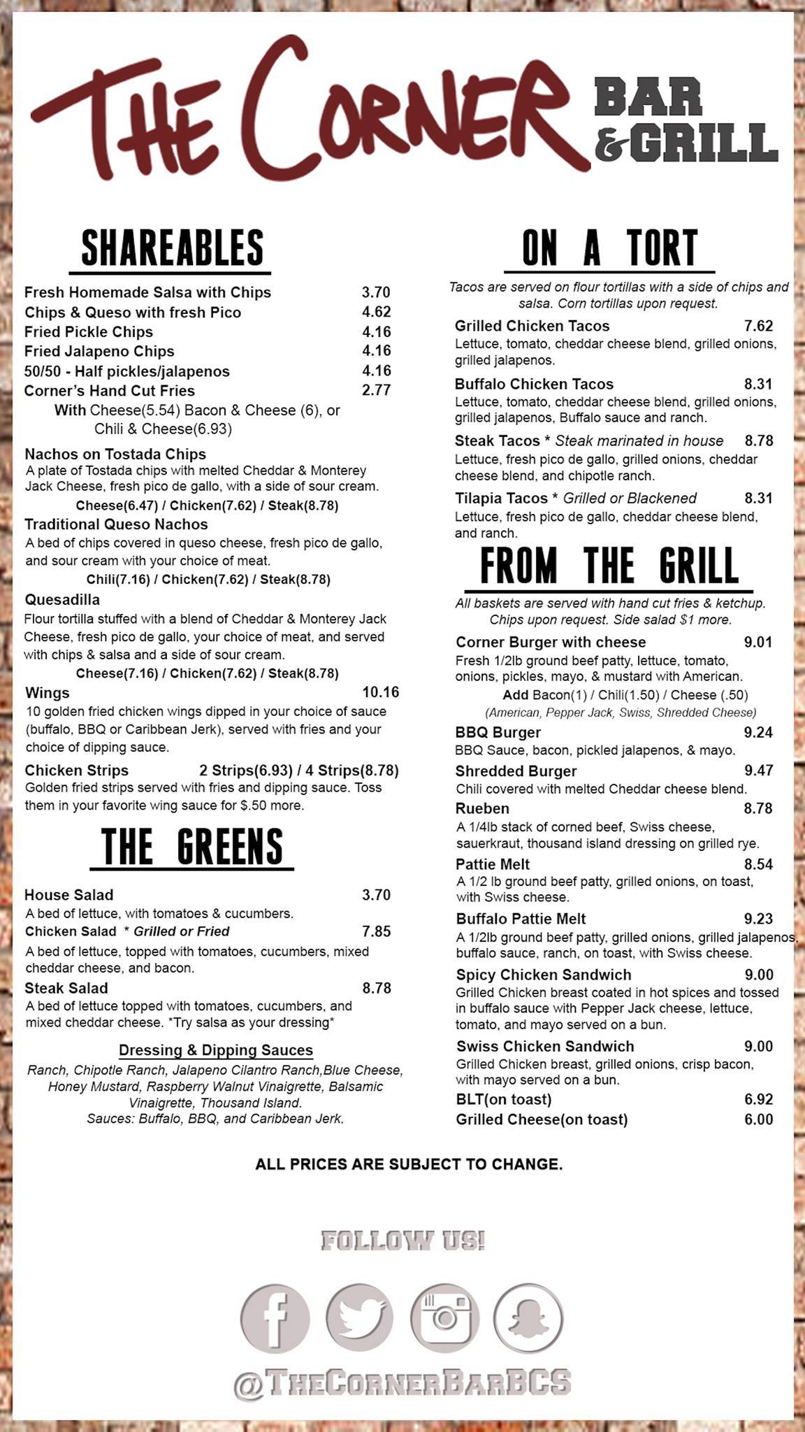 Menu at The Corner Bar and Rooftop Grill on Northgate, College Station