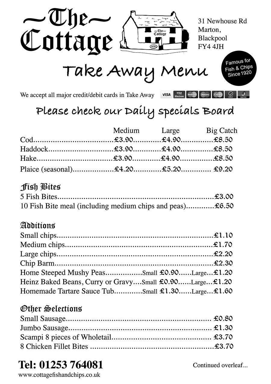 Menu at The Cottage • Licensed Fish & Chip Restaurant & Takeaway, Blackpool