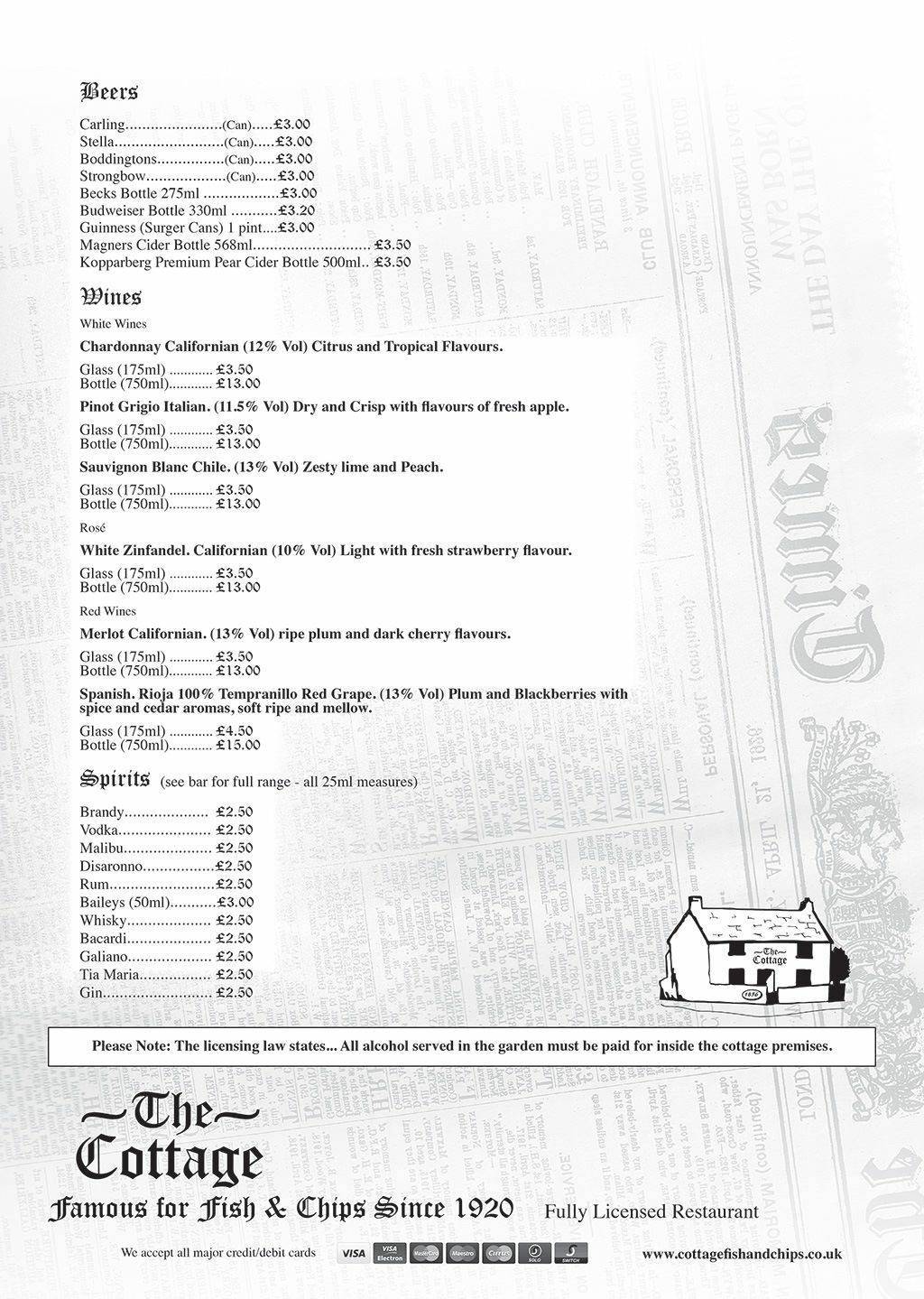 Menu at The Cottage • Licensed Fish & Chip Restaurant & Takeaway, Blackpool
