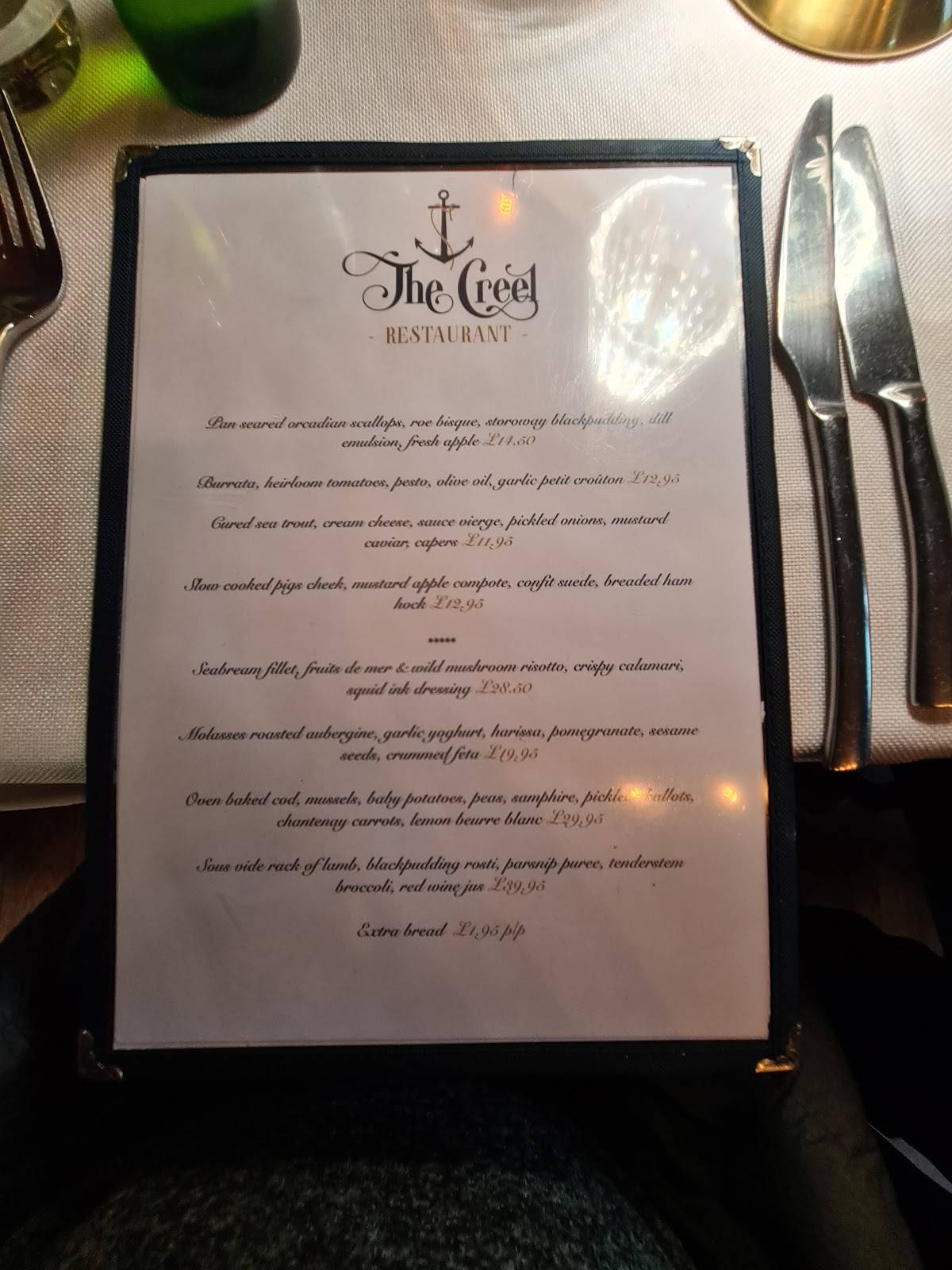 Menu at The Creel restaurant, Dunbar
