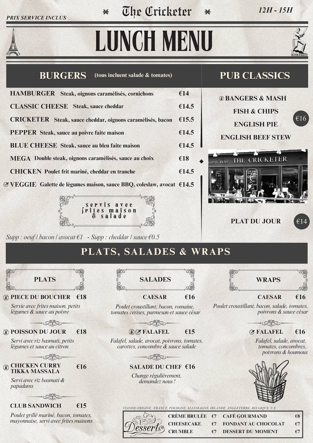 Menu au The Cricketer pub et bar, Paris, 41 Rue des Mathurins