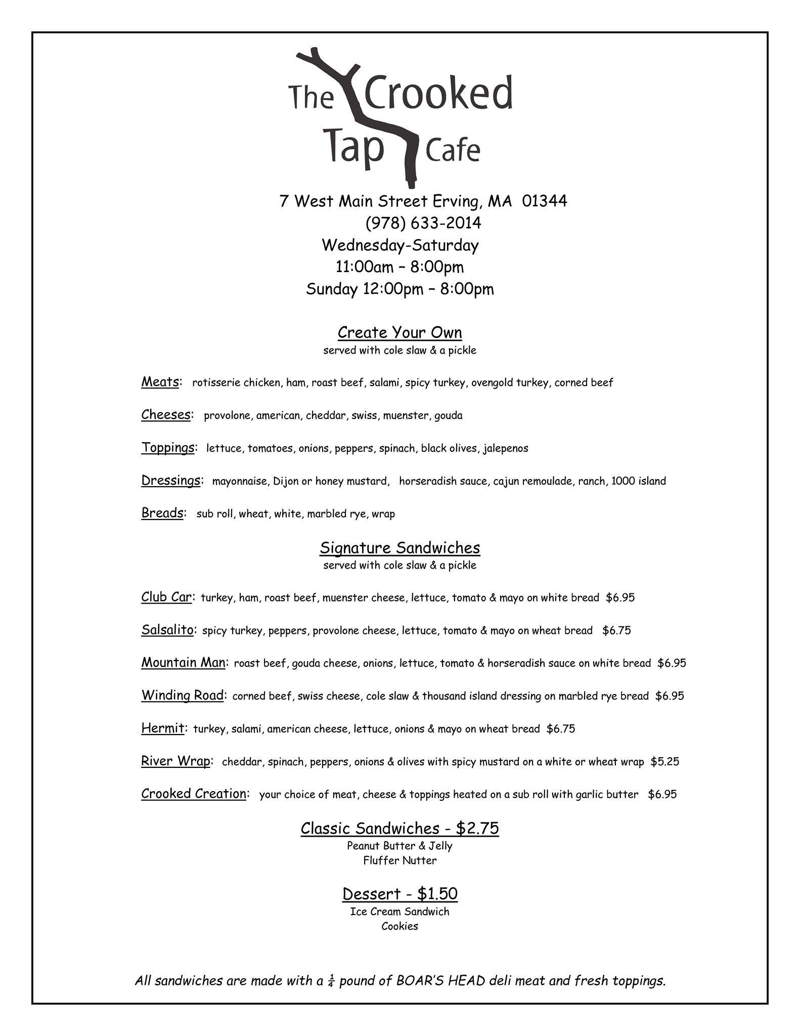 Menu at The Crooked Tap Cafe, Erving
