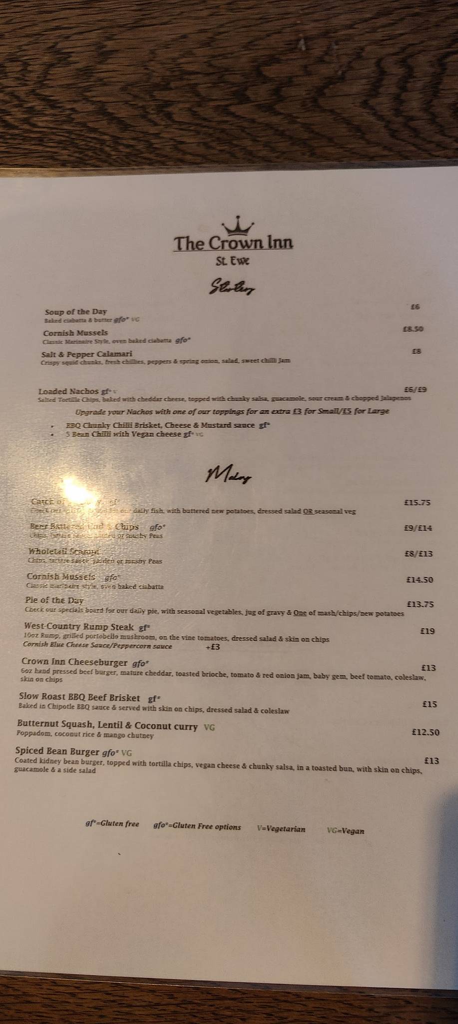Menu at The Crown Inn pub & bar, Saint Ewe, Churchtown Cottage