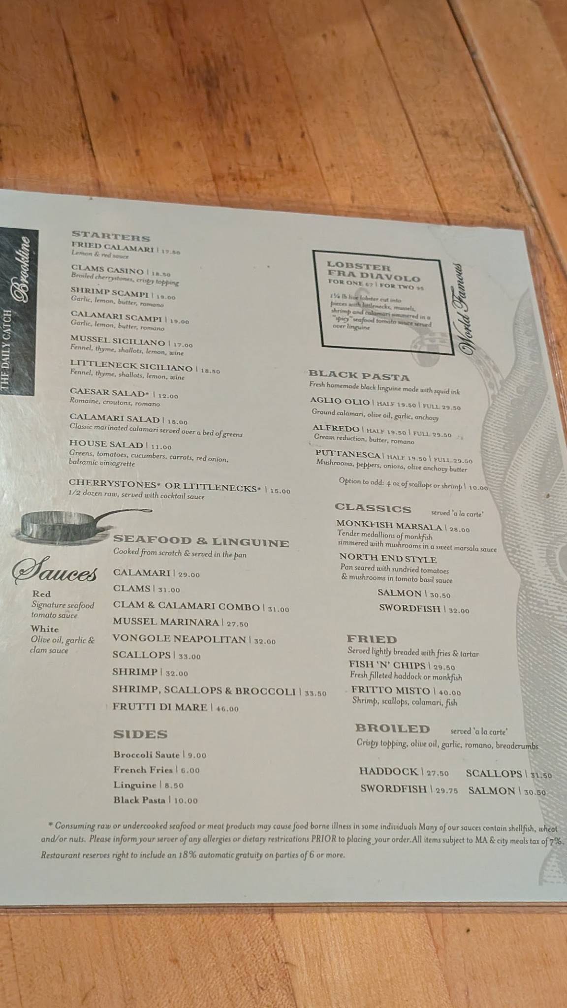 Menu at The Daily Catch Brookline restaurant, Brookline, 441 Harvard St