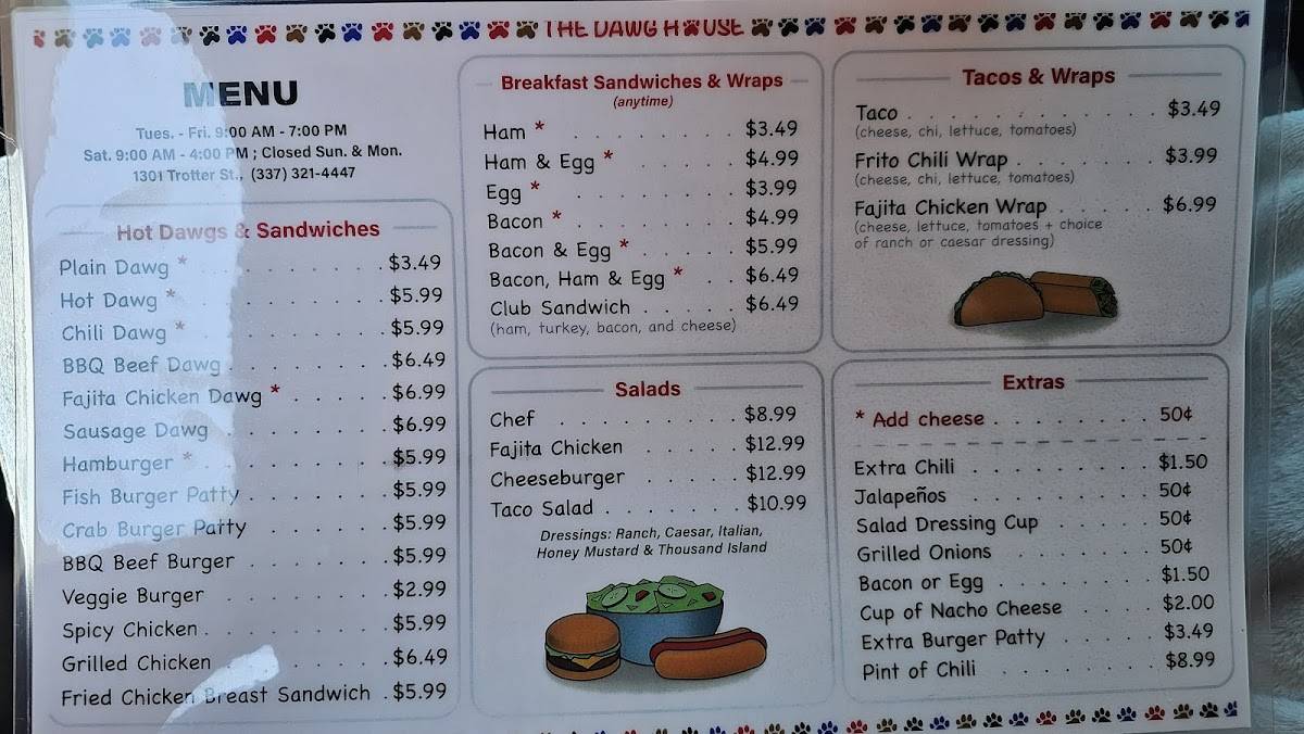 Menu at The Dawg House restaurant, New Iberia