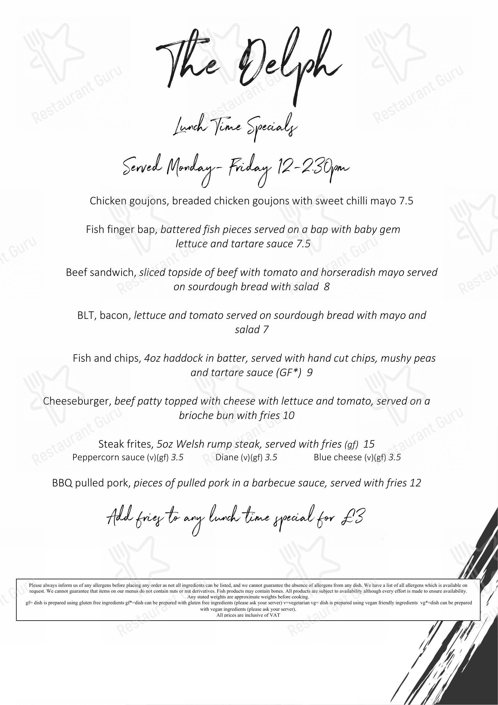 Carta de The Delph Bar and Restaurant, Acrefair