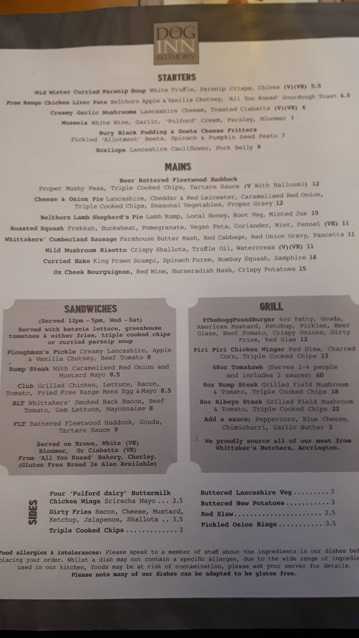 Menu at The Dog Inn (Belthorn) Ltd pub & bar, Blackburn