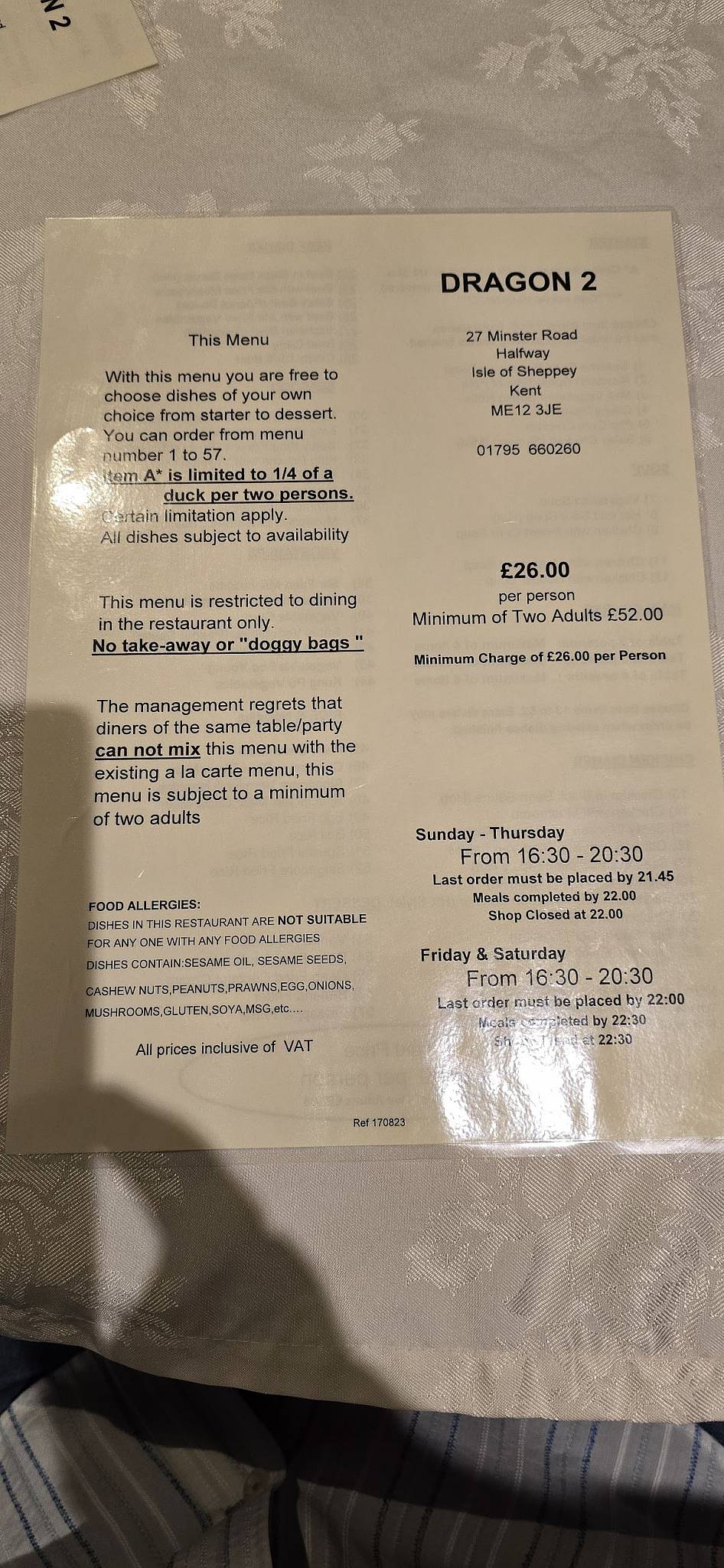 Menu at The Dragon fast food, Sheerness