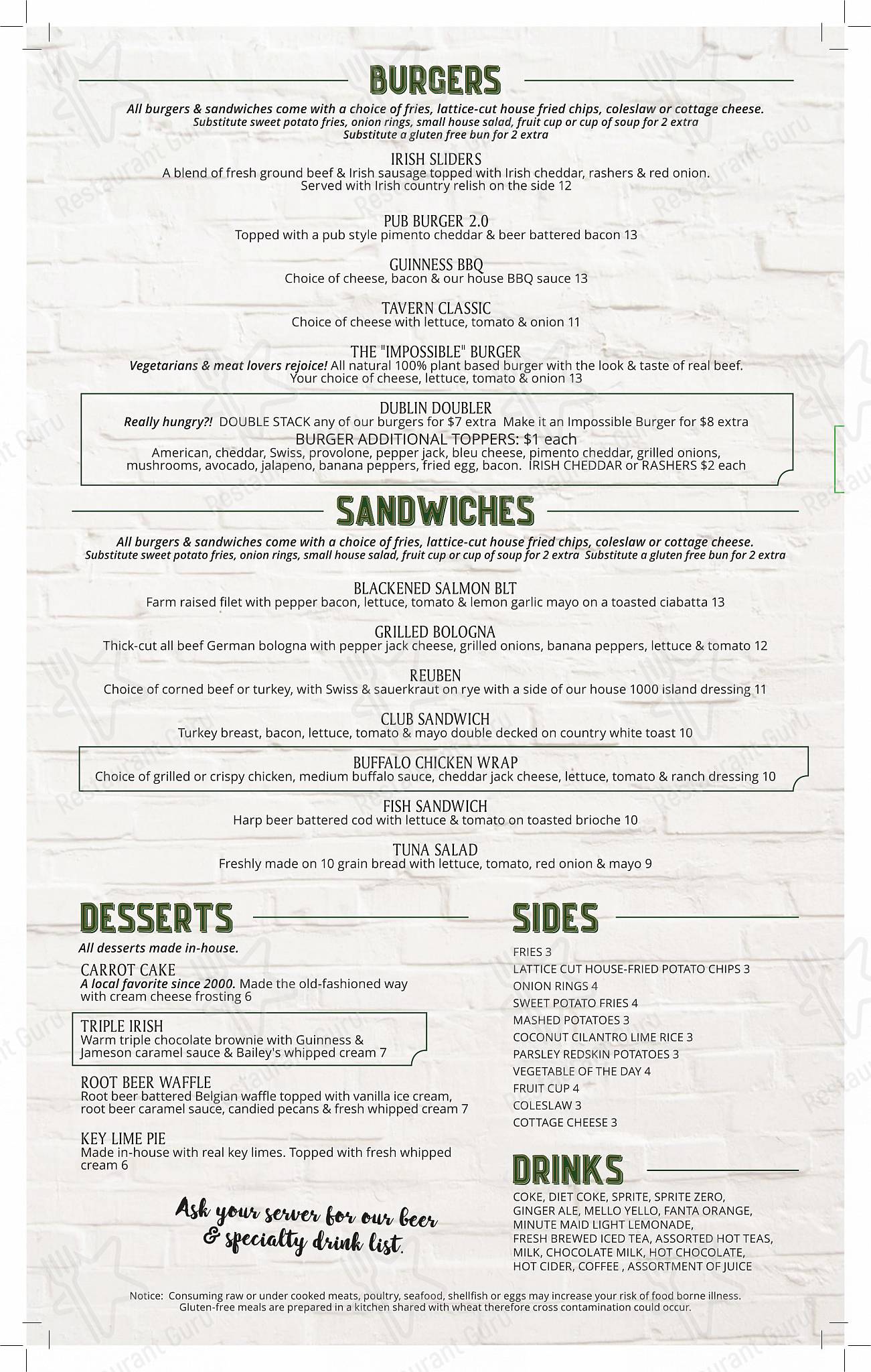 Menu at The Dublin Village Tavern pub & bar, Dublin