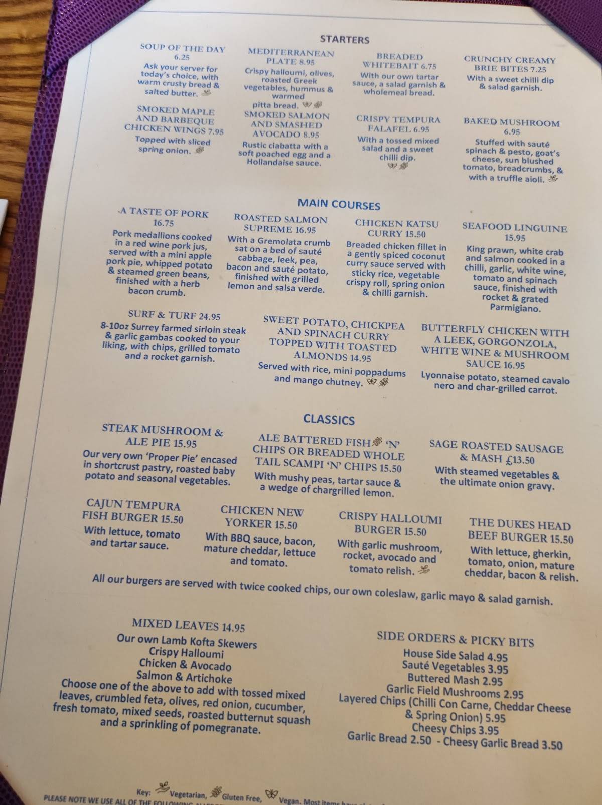 Menu at The Duke's Head pub & bar, Tadworth, Dorking Rd