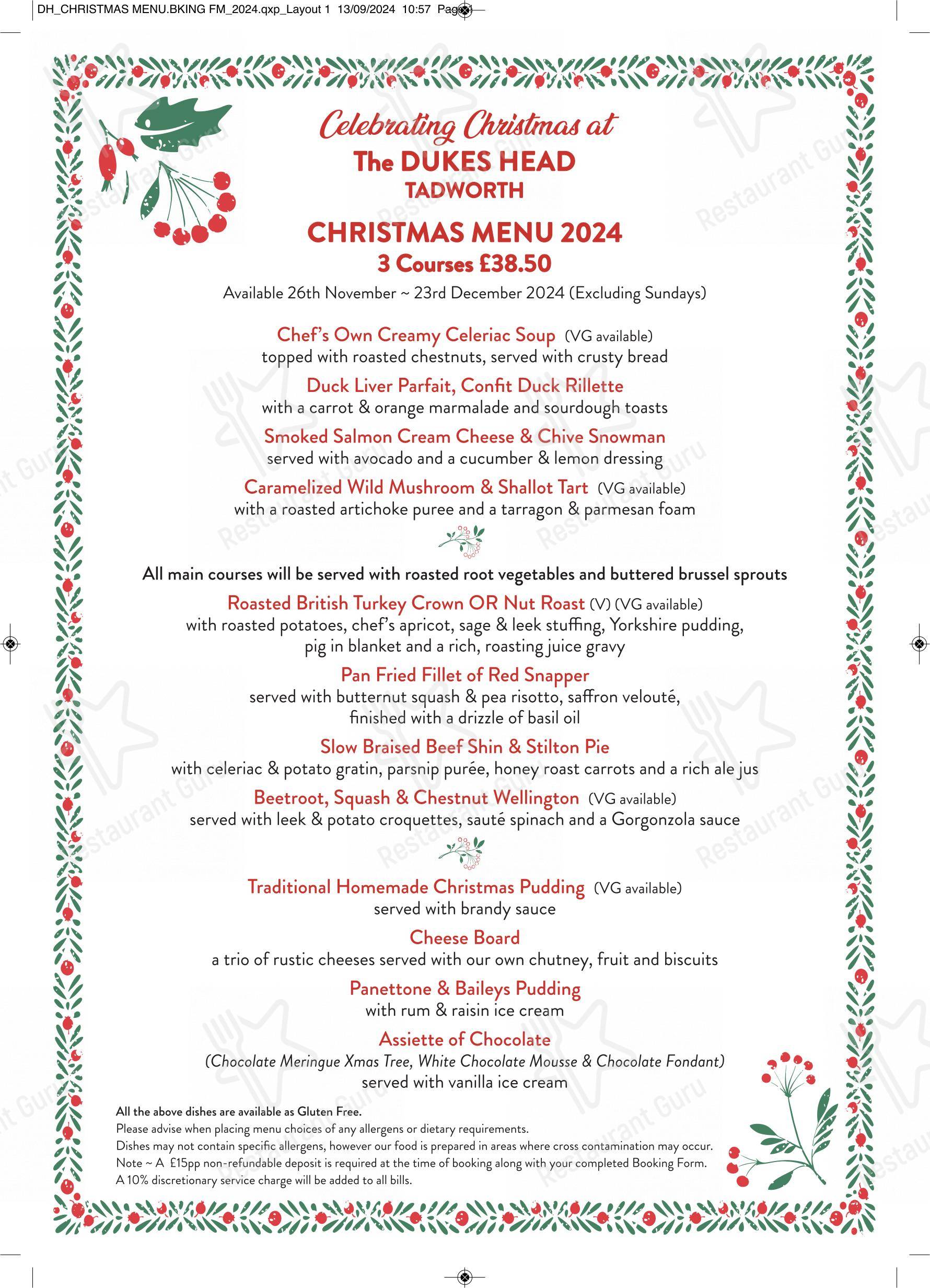 Menu at The Duke's Head pub & bar, Tadworth, Dorking Rd