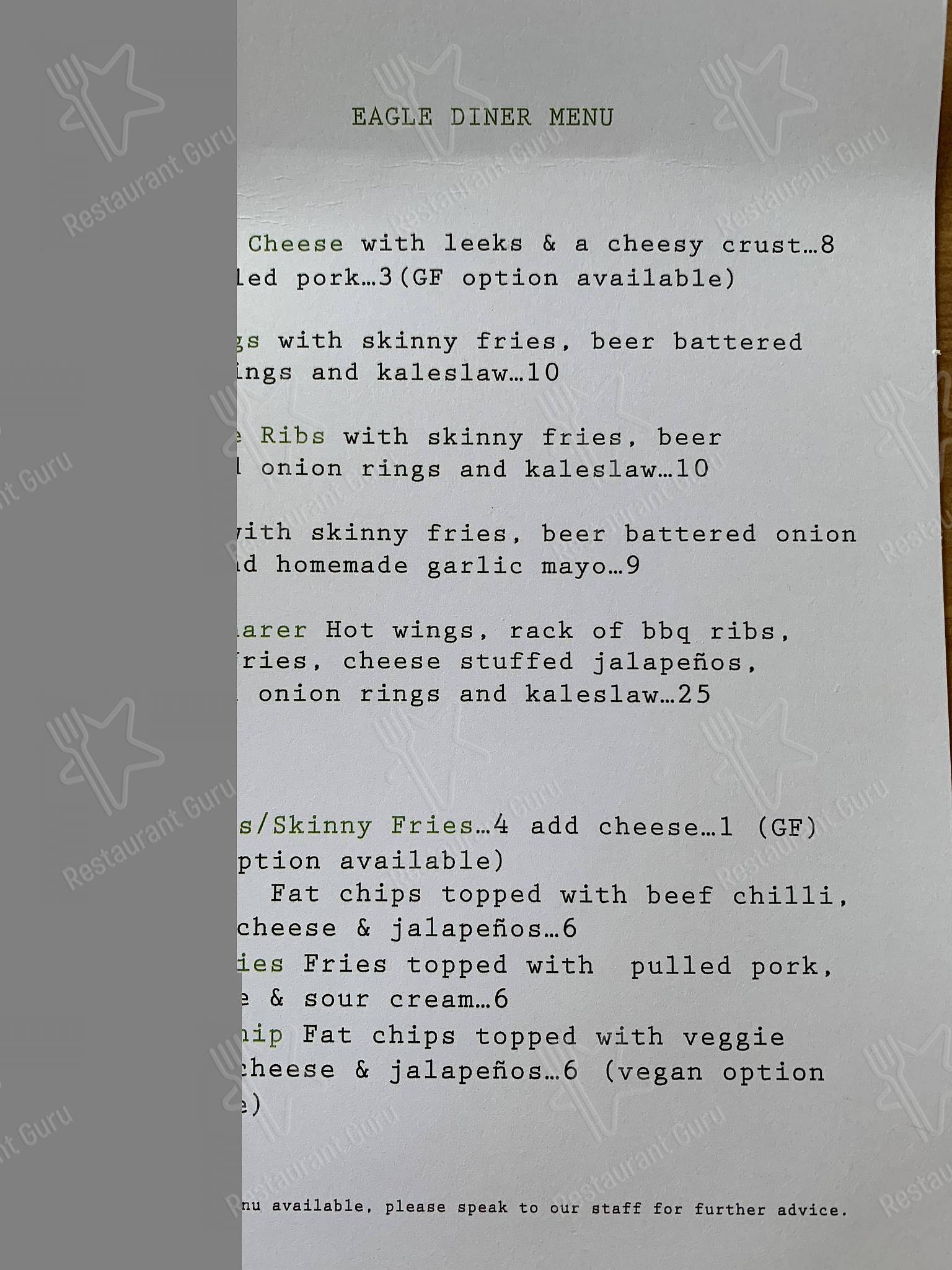 Menu at The Eagle pub & bar, Eastbourne