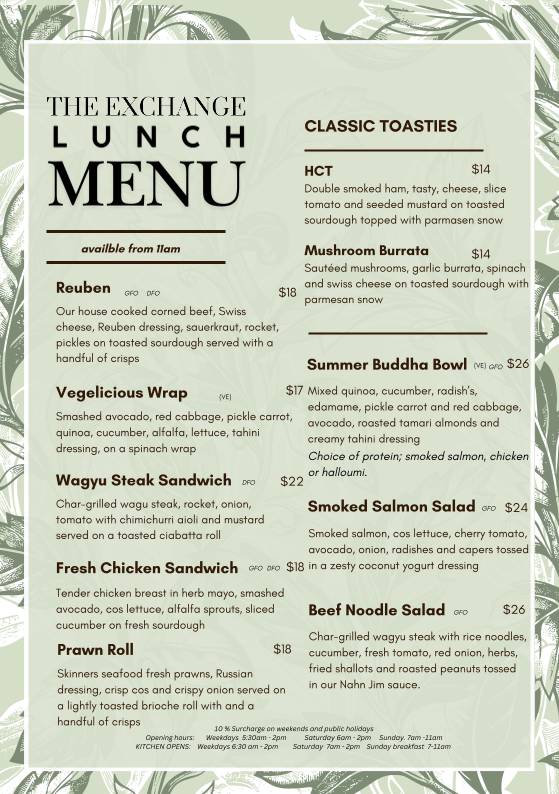 Menu at The Exchange cafe, Ettalong Beach