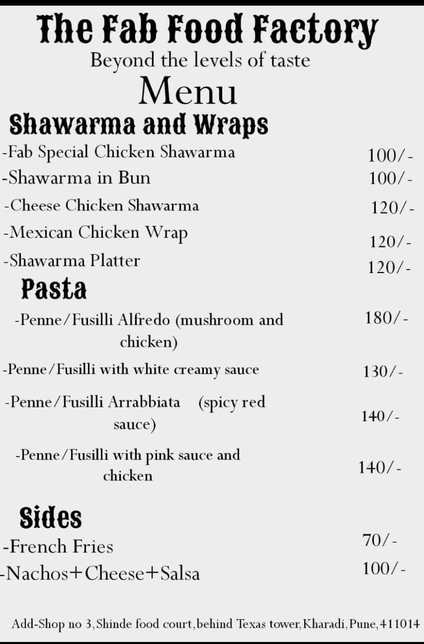 Menu at The Fab Food Factory, Pune