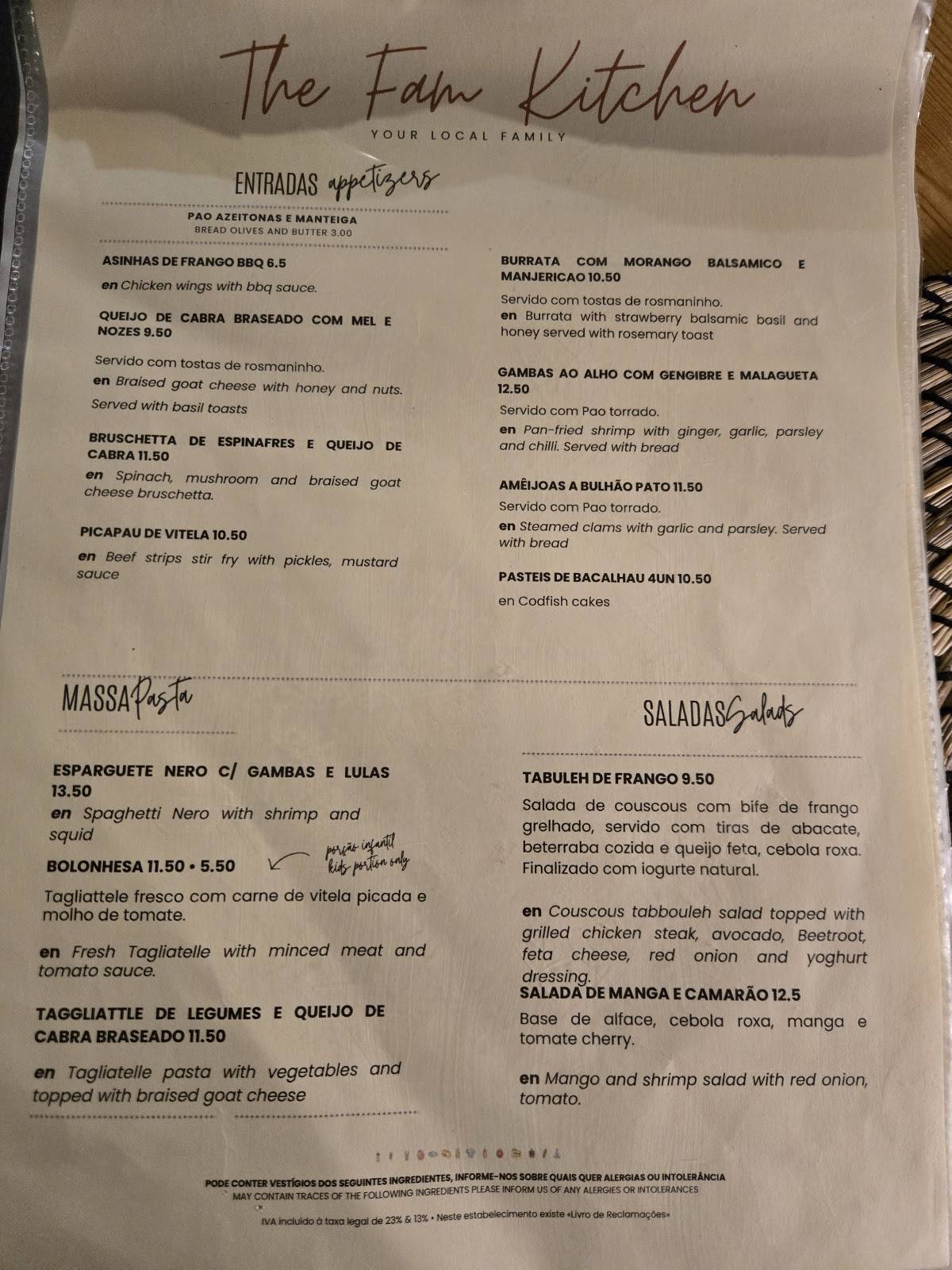 Menu at The Fam Kitchen restaurant, Lisbon
