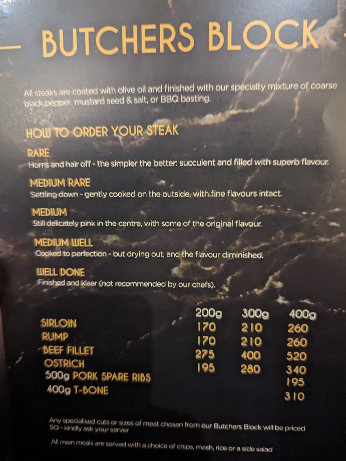 Menu at The Famous Butcher's Grill restaurant, Cape Town, 101 ...