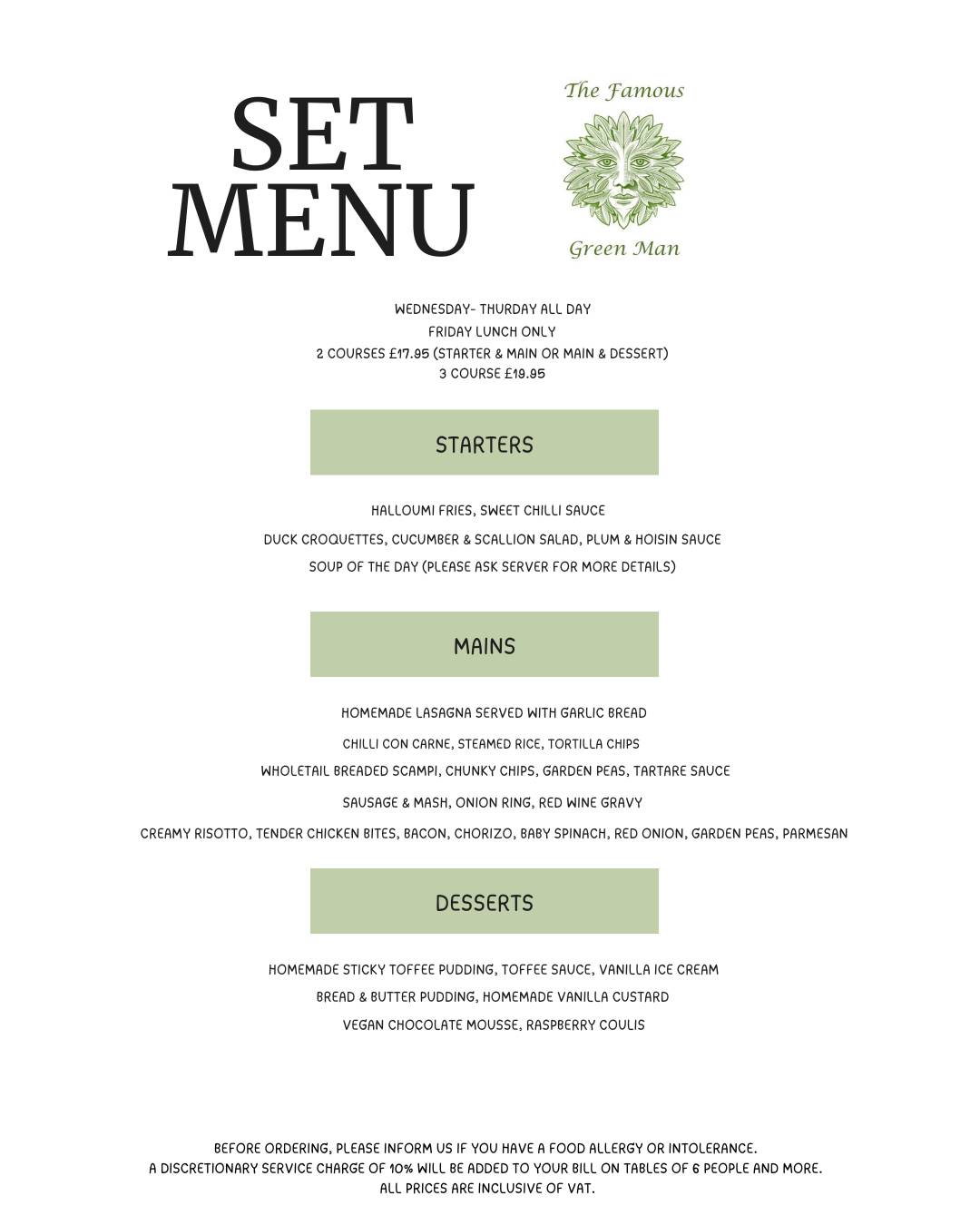 Menu at The Famous Green Man pub & bar, Epsom