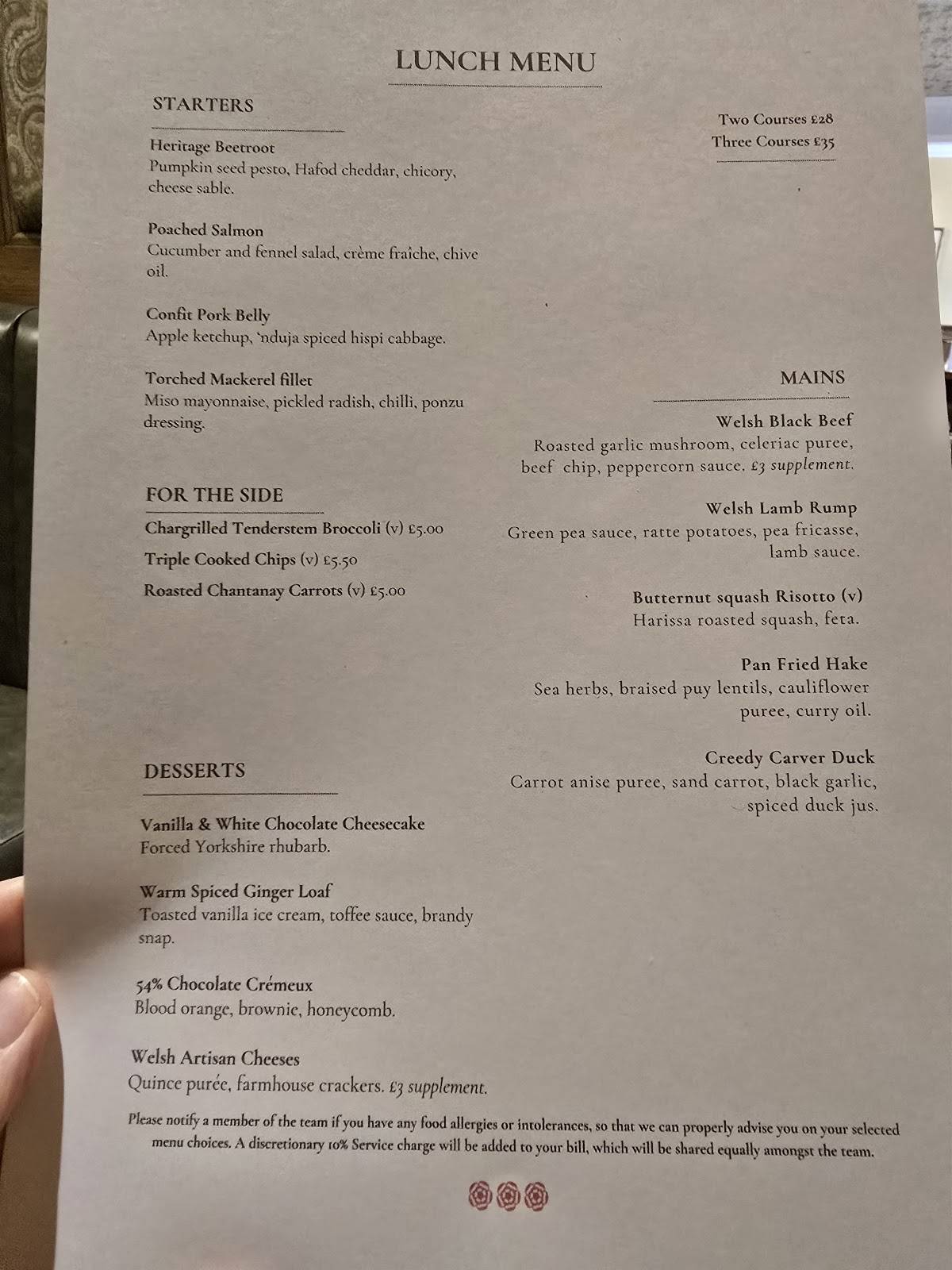 Menu at The Fanny Talbot restaurant, Barmouth