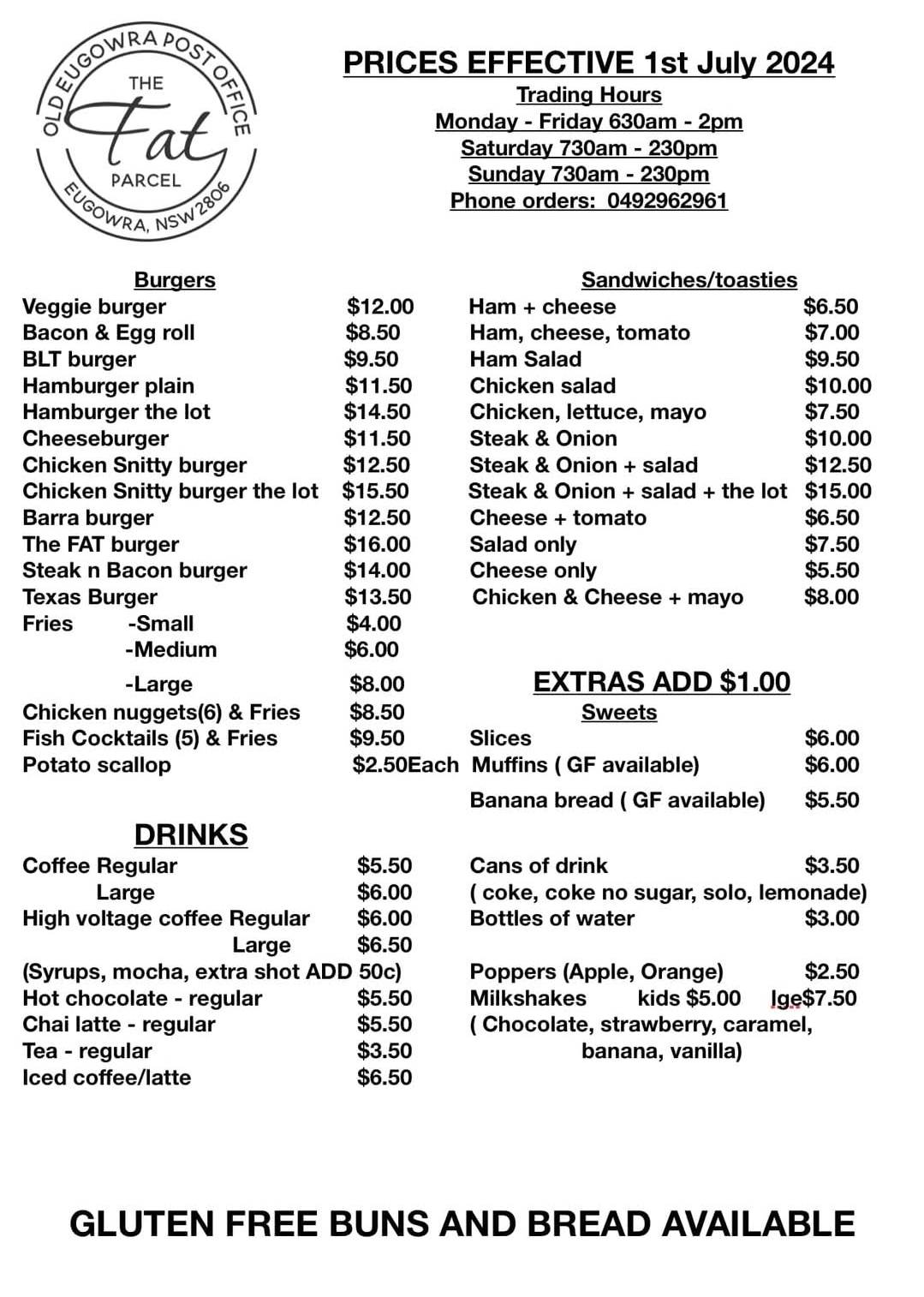 Menu at The Fat Parcel fast food, Eugowra