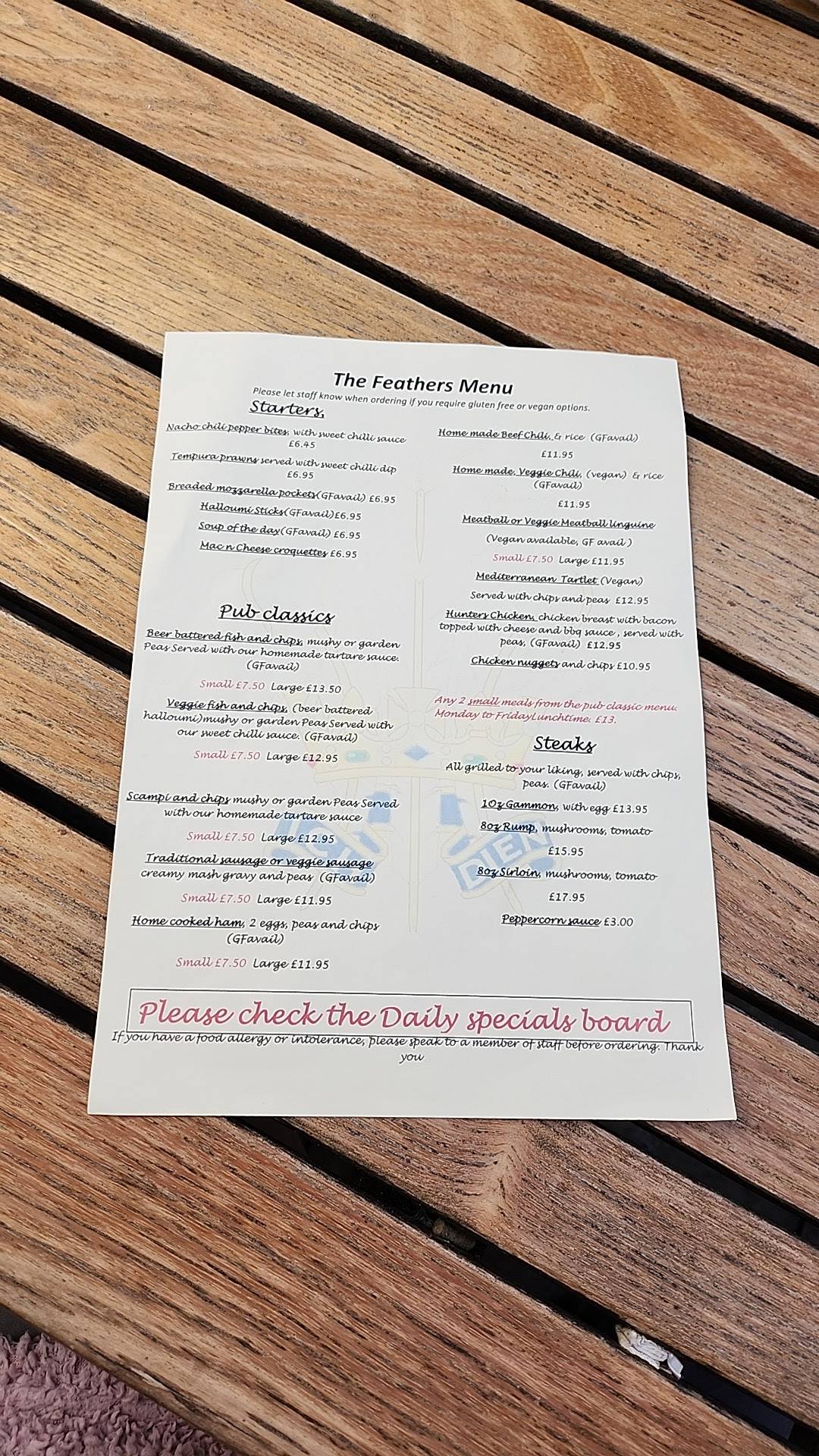 Menu at The Feathers Hotel pub & bar, Budleigh Salterton