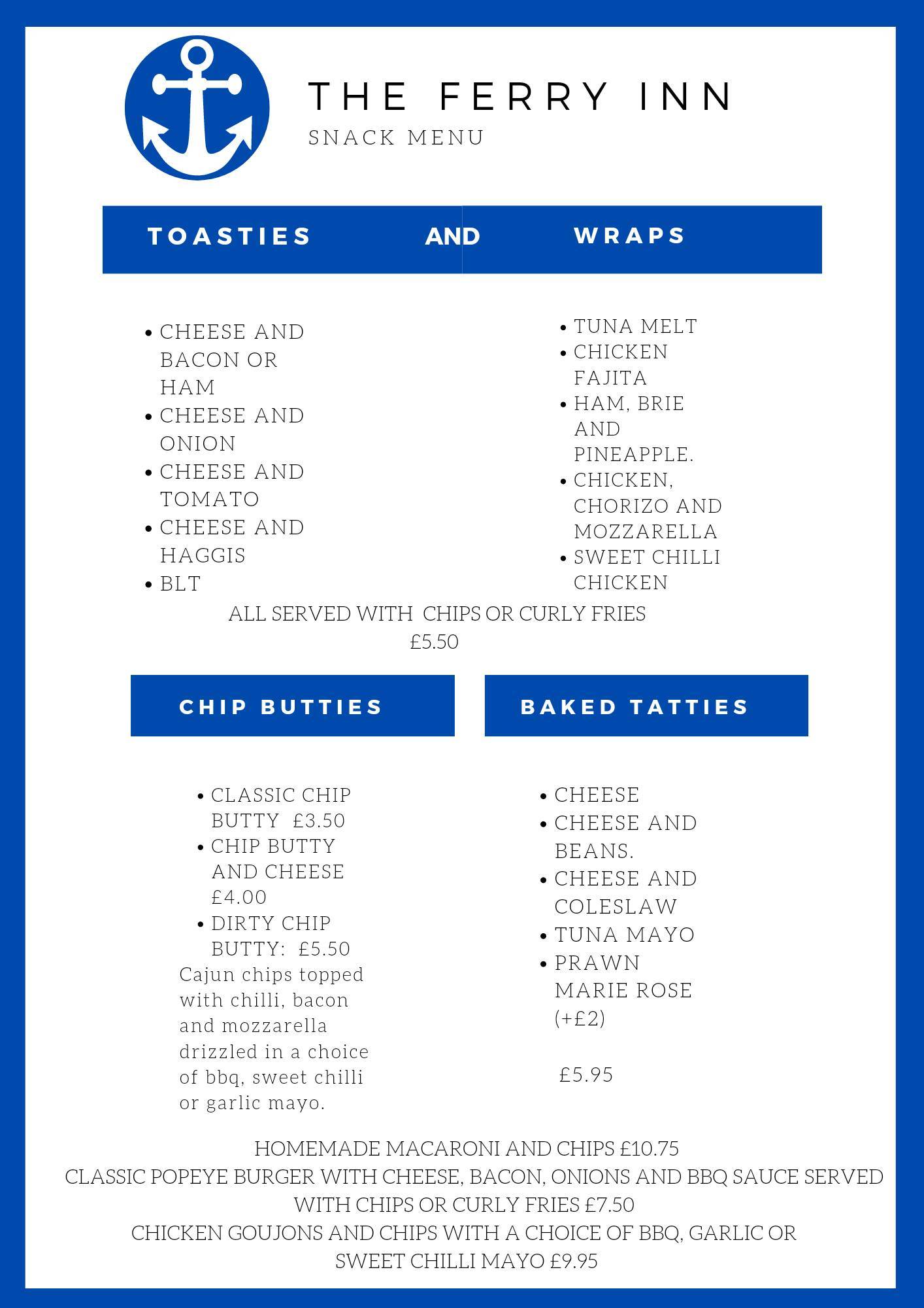 Menu at The Ferry Inn Scrabster pub & bar, Thurso, The Ferry Inn