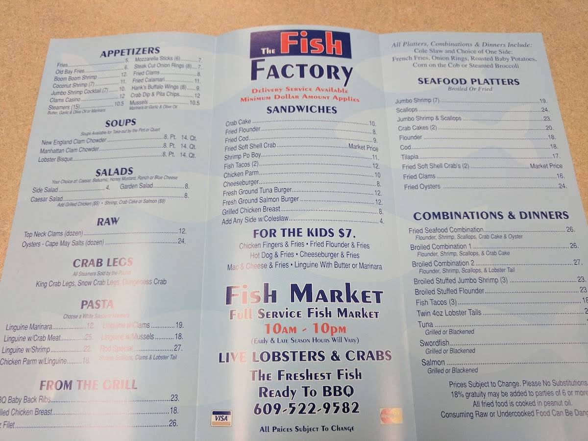 Menu at The Fish Factory restaurant, Wildwood Crest