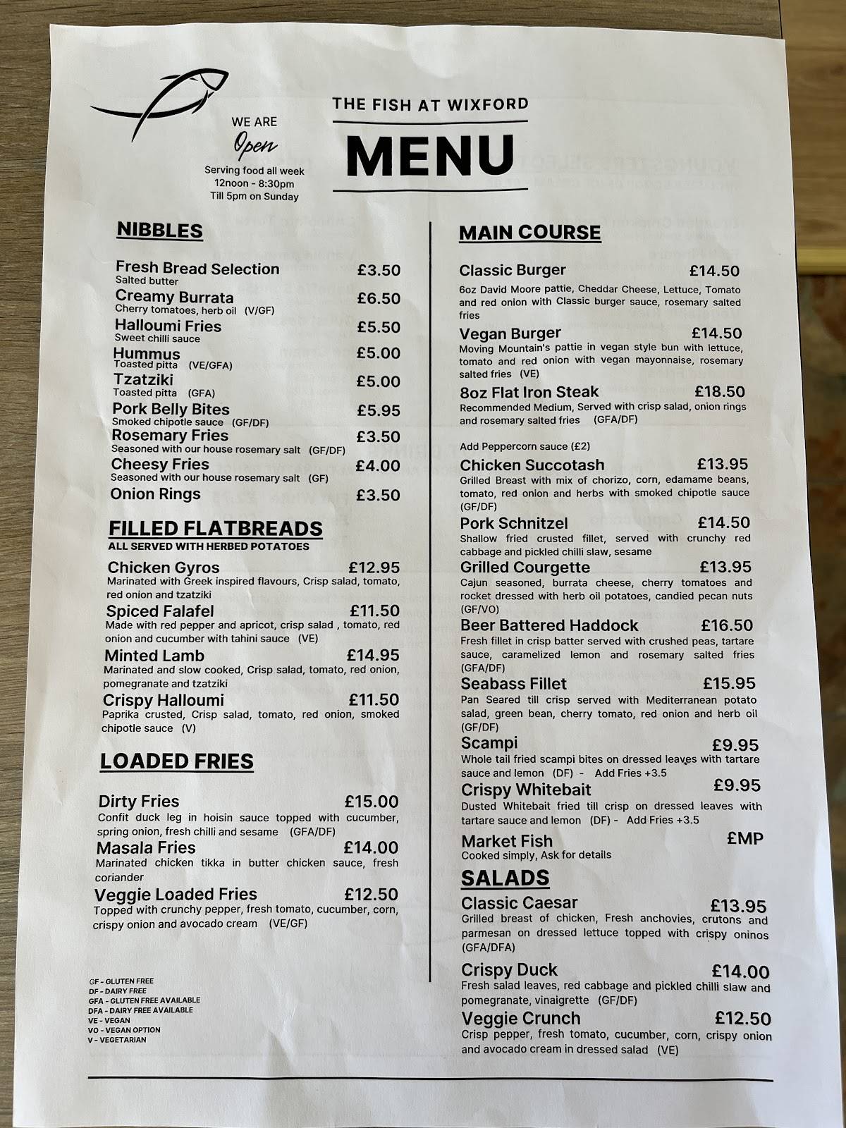 Menu at The Fish at Wixford pub & bar, Alcester