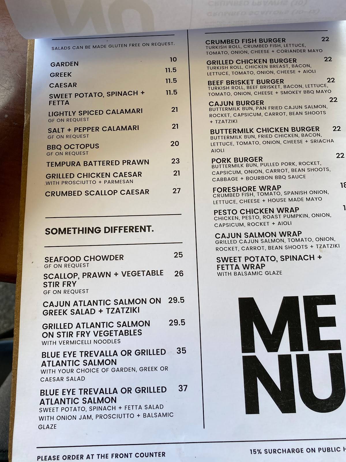Menu at The Foreshore restaurant, Burnie